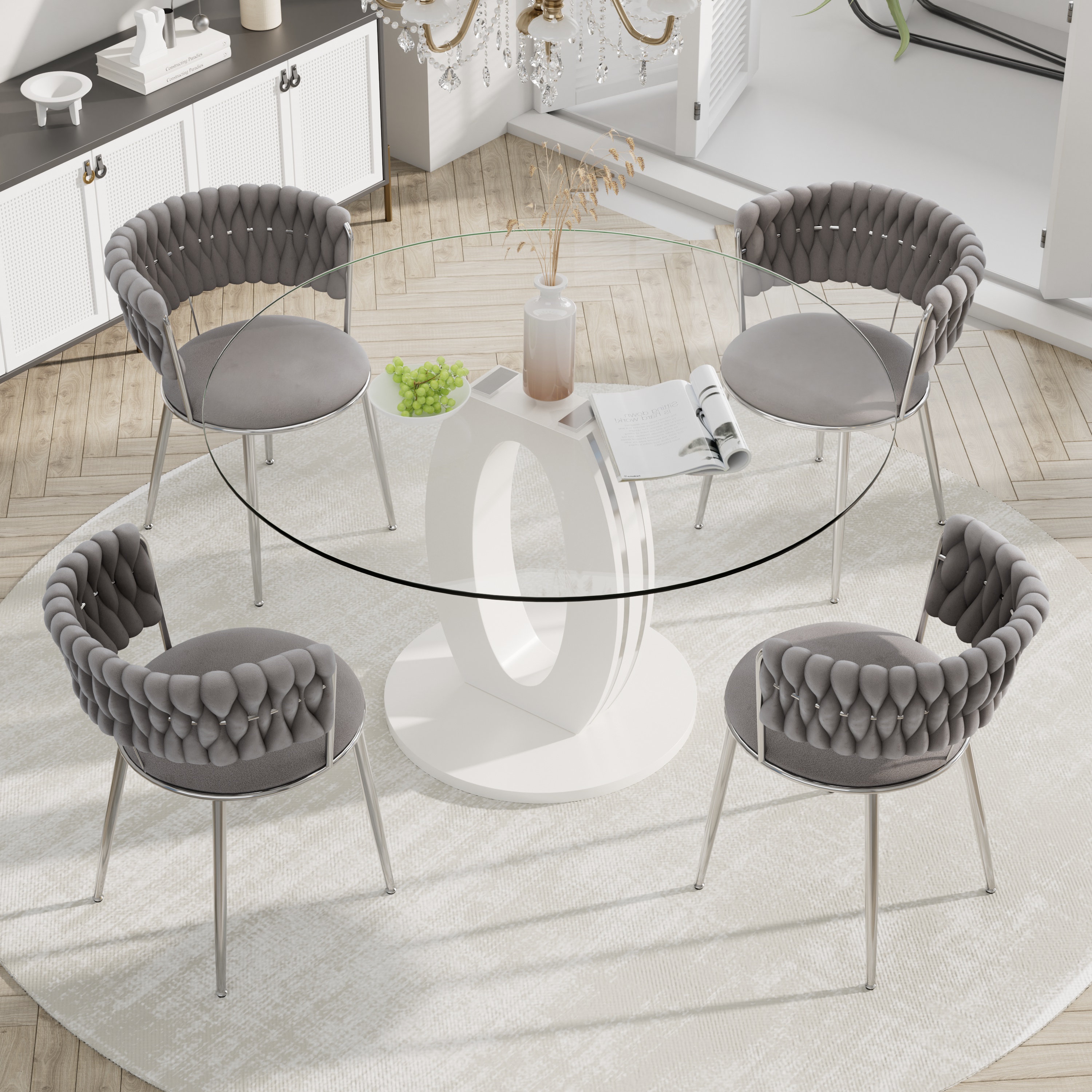 Ivy Bronx Round Pedestal Dining Set with Weaven Velvet Dininig Chair ...