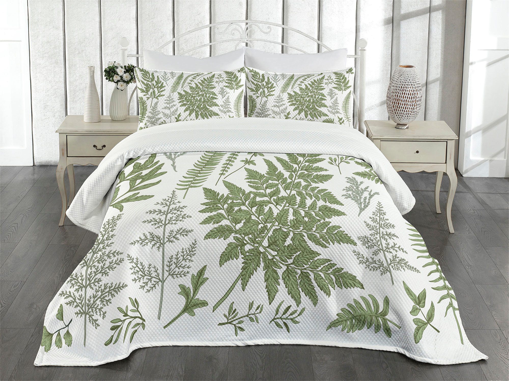 Ambesonne Vintage Botany Bedspread Set Delicate Fern Floral Sage Green ...