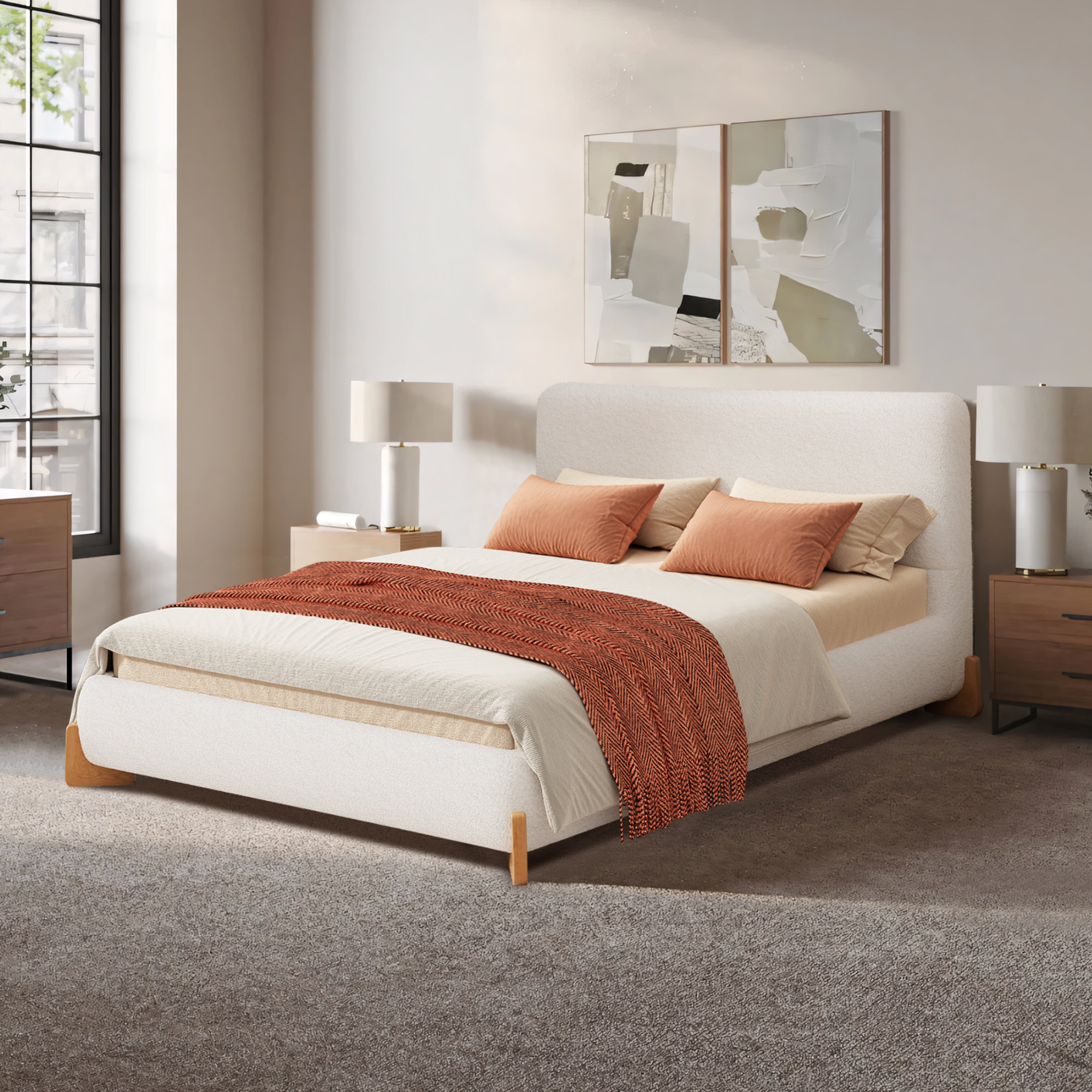 Latitude Run® Boucle Upholstered Platform Bed, Easy Assembly Bed Frame ...