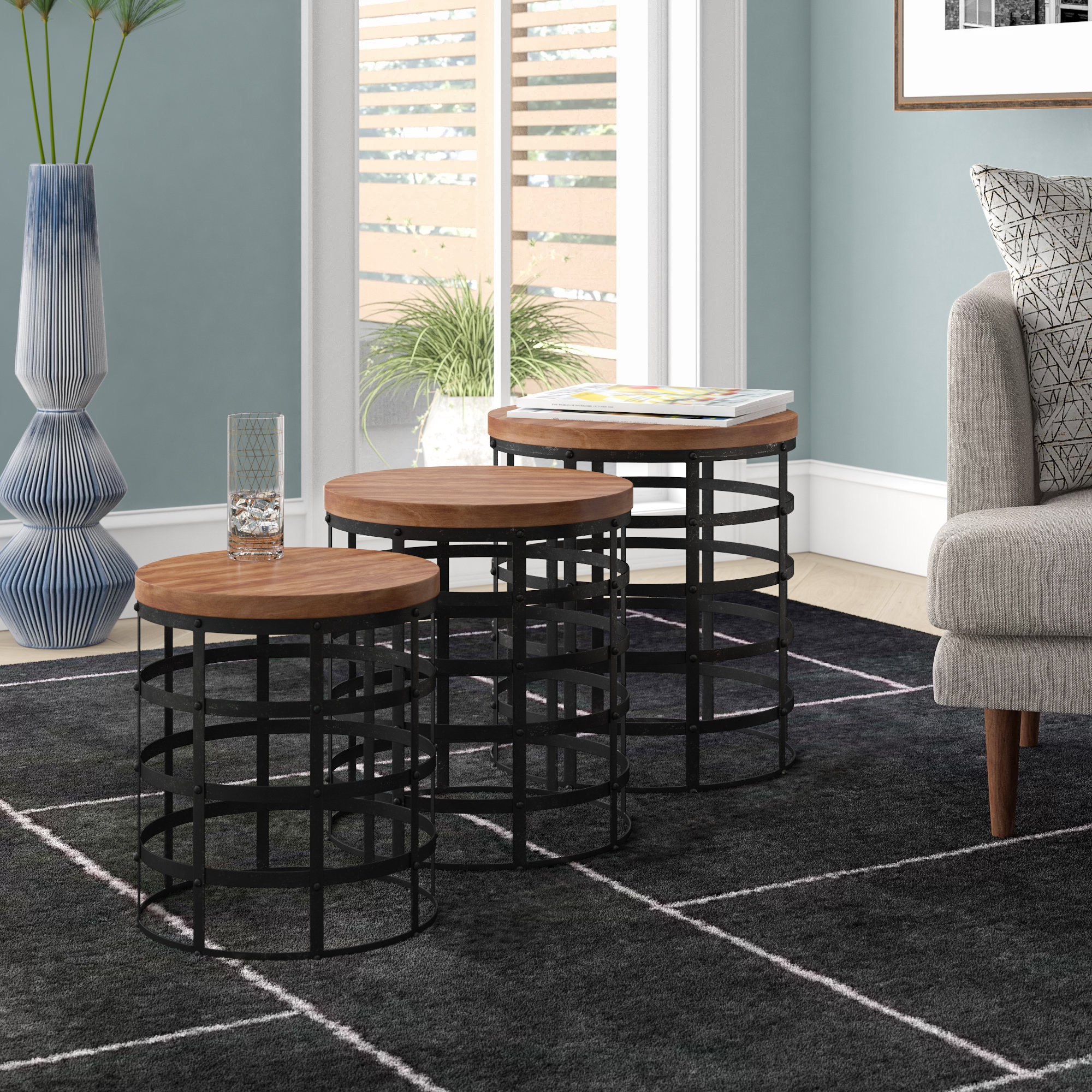 Ivy Bronx Younts Contemporary Wood and Iron 3 Piece Nesting Tables ...