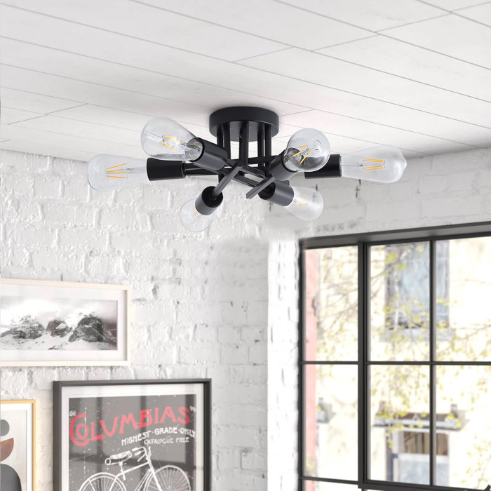 Orren Ellis Zamiah 6-Light Industrial Black Finish Dimmable Semi-Flush ...