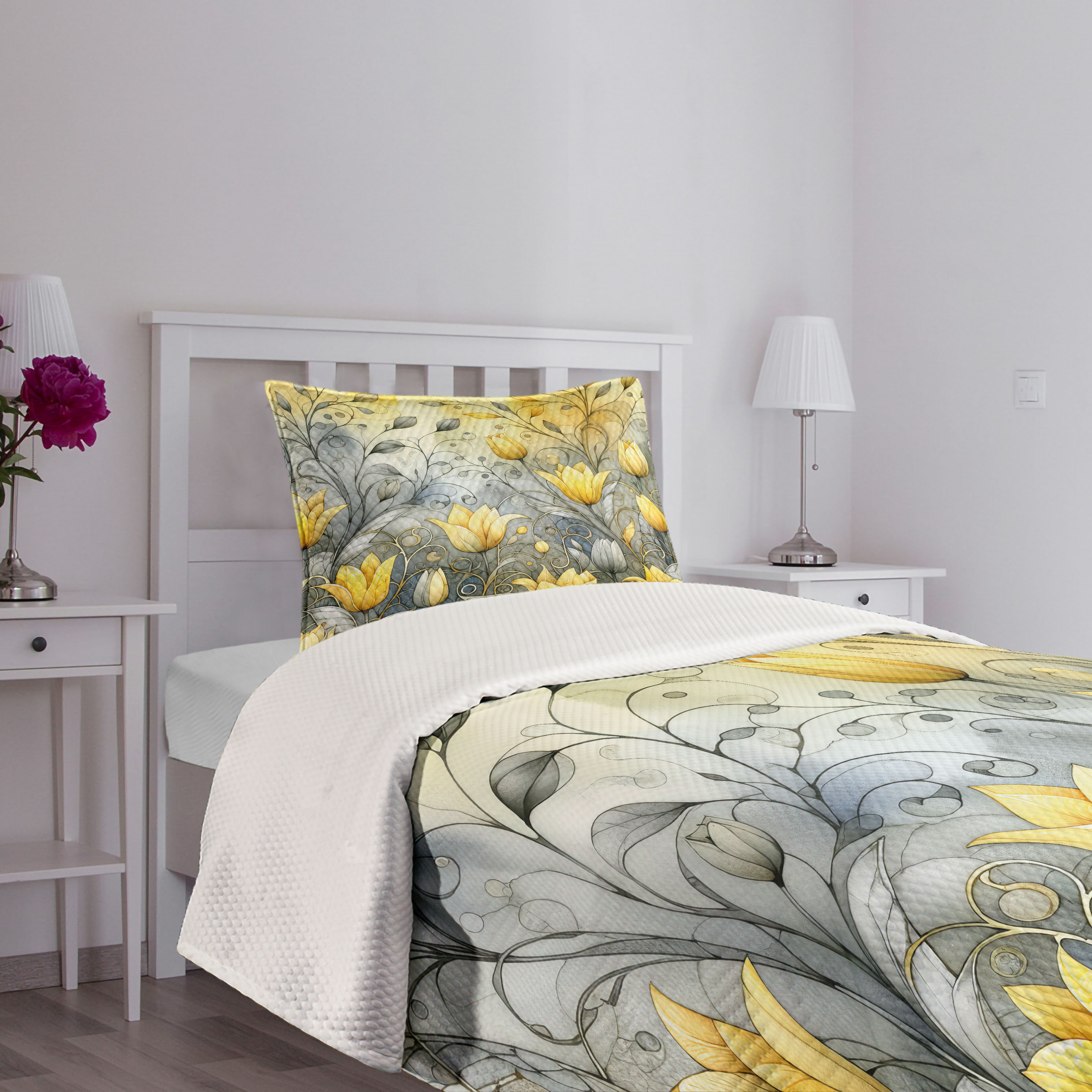 Ambesonne Yellow Bedspread Set 3 Pcs Nostalgia Feel Tulips Leaves King ...