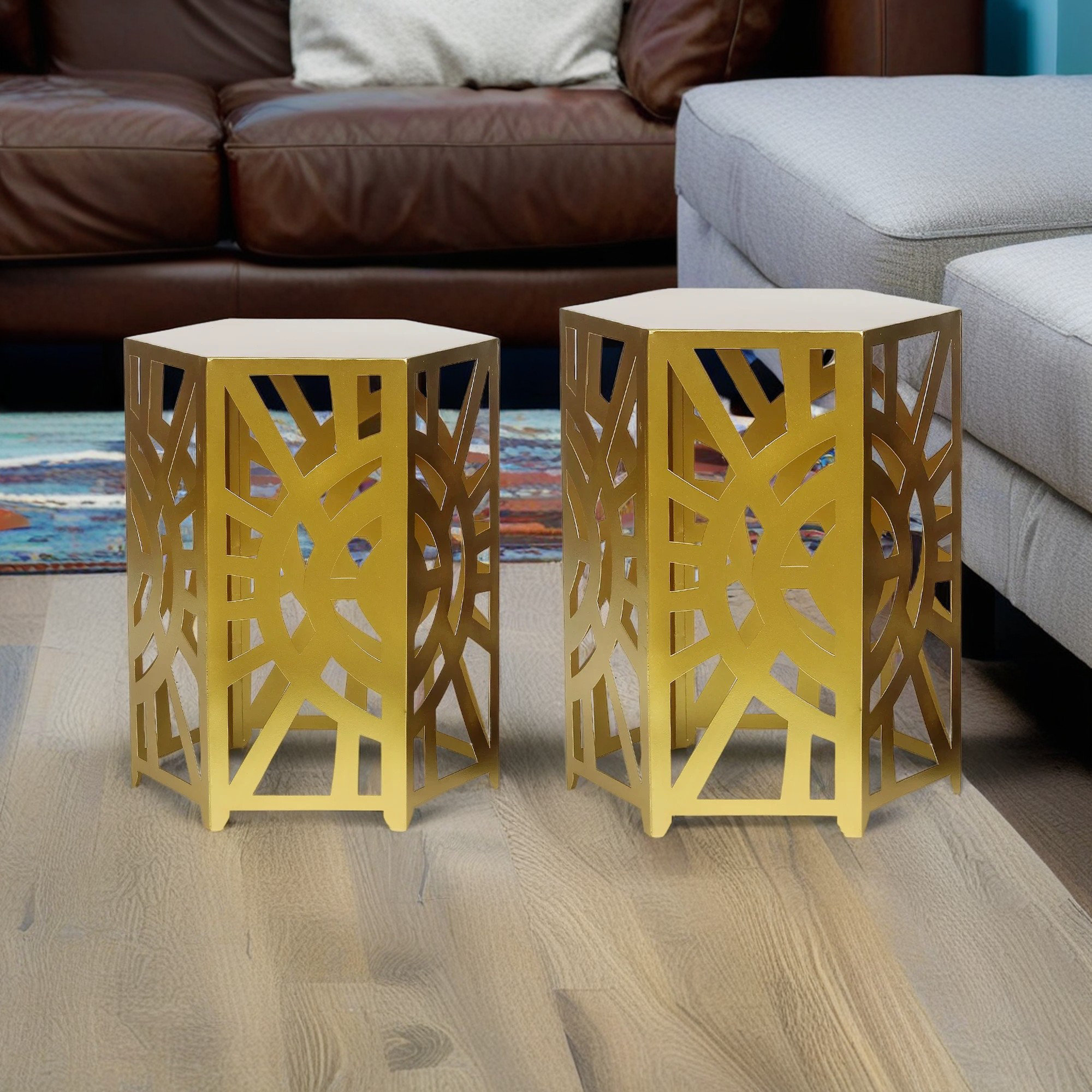 Mercer41 Terhune Set Of 2 Hollow-Carved Hexagonal Metal End Tables ...