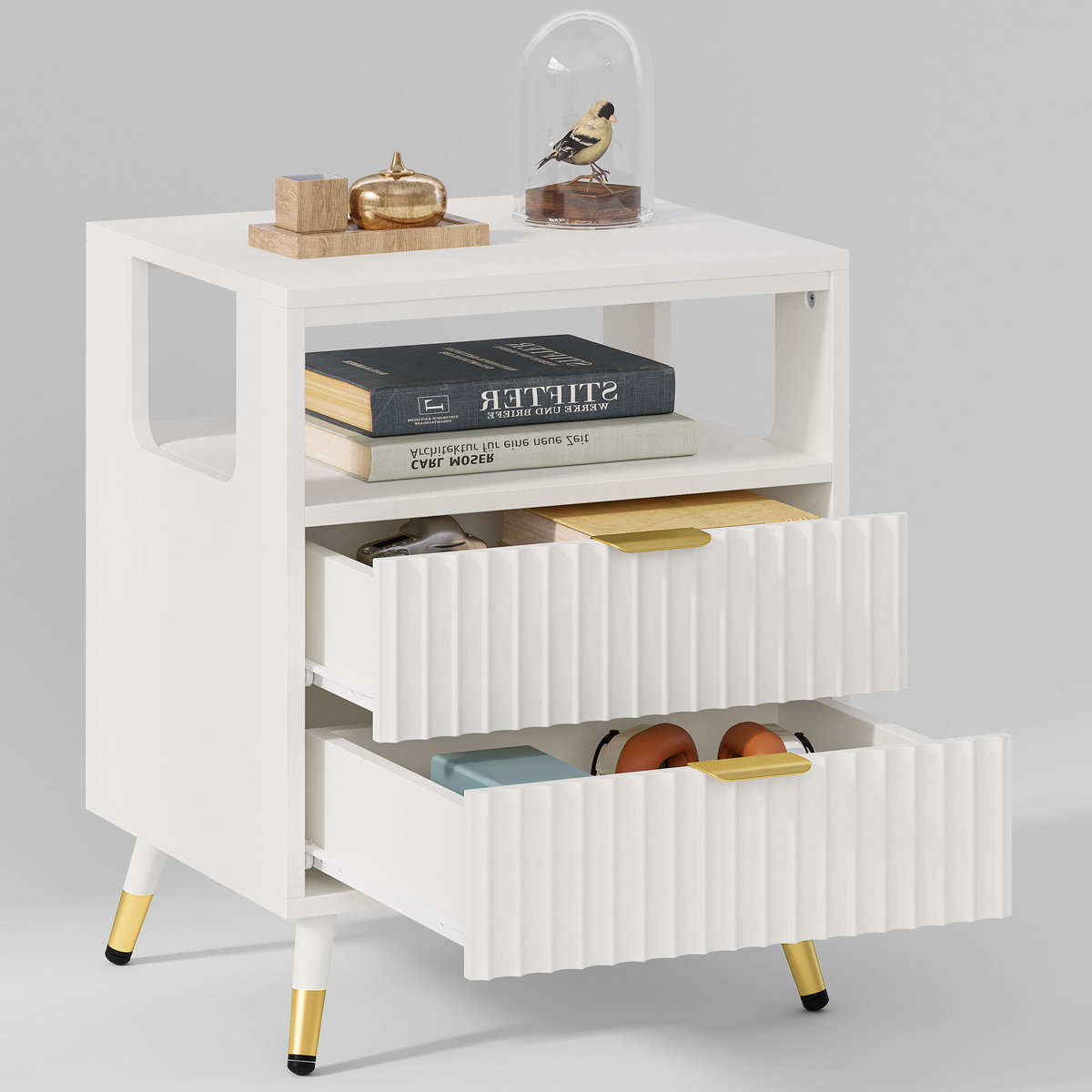 Mercer41 Mid-Century Modern 2-Drawer 23" Tall Nightstand with Open ...