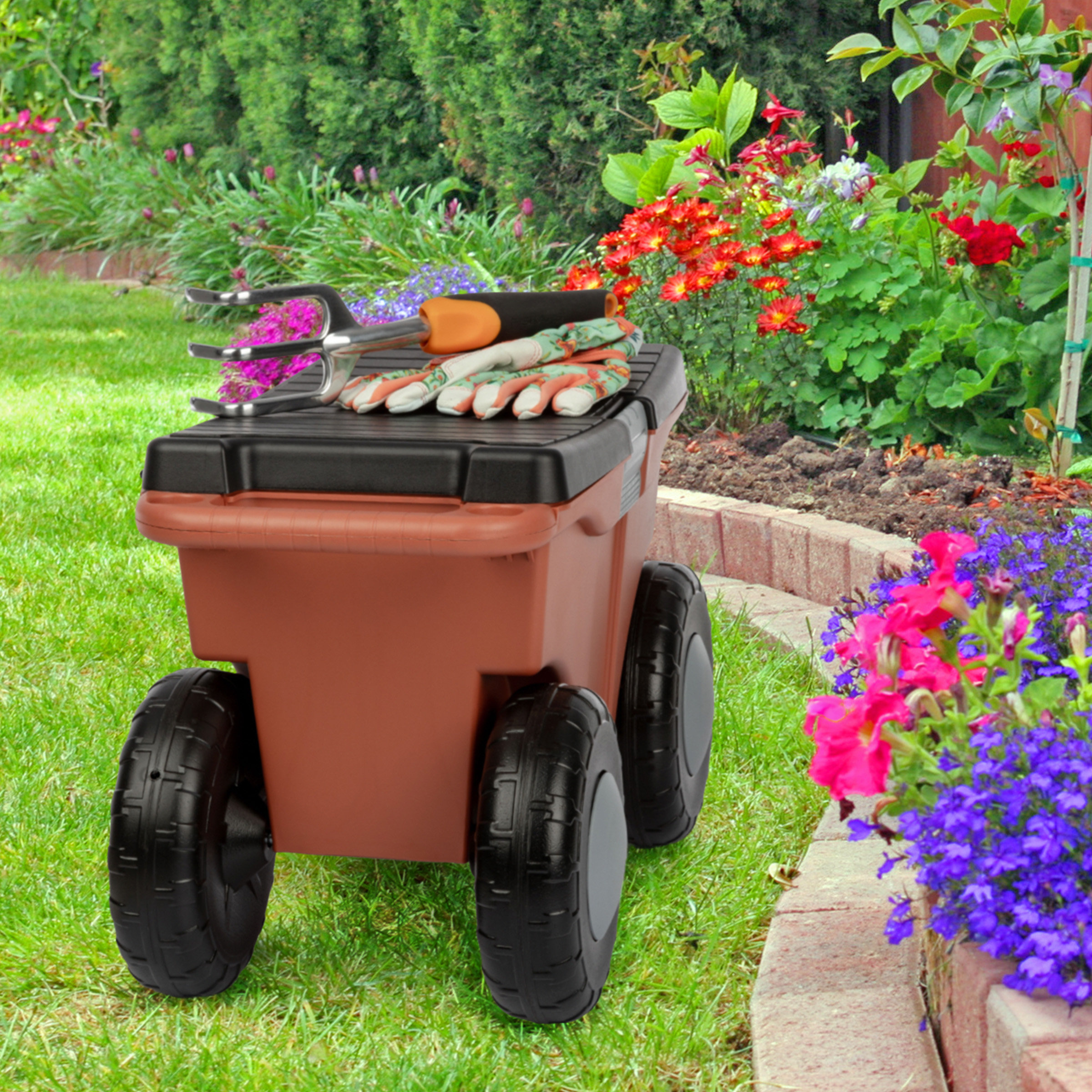 Pure Garden Rolling Garden Cart with Seat - Plastic Storage with Bench ...