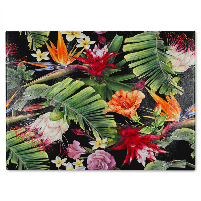 Andrew Lee Tropical Flowers & Plant Leaves Glass Chopping Board ...