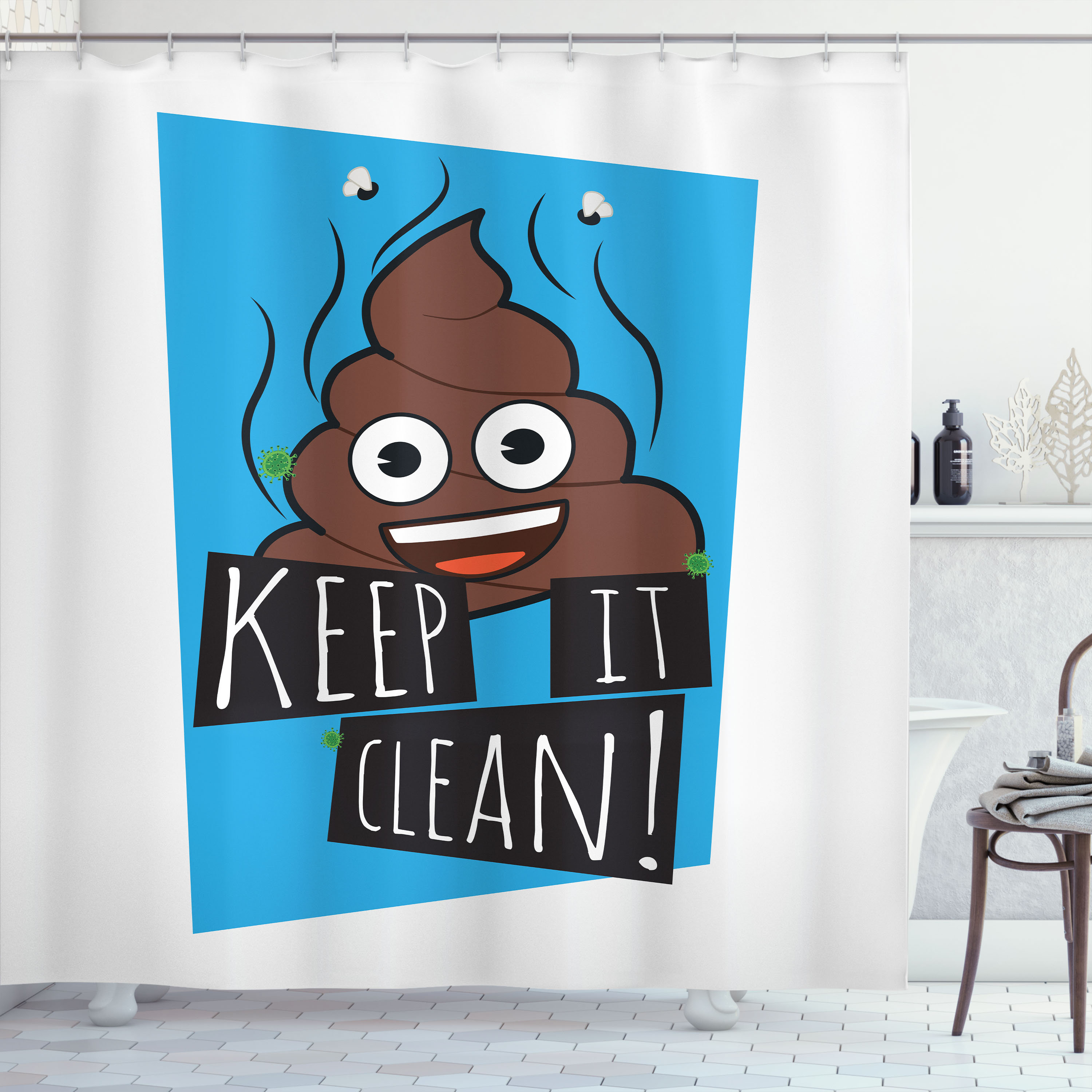 Ambesonne Poop Emoji Shower Curtain Funny Poo Keep It Clean White Sky ...
