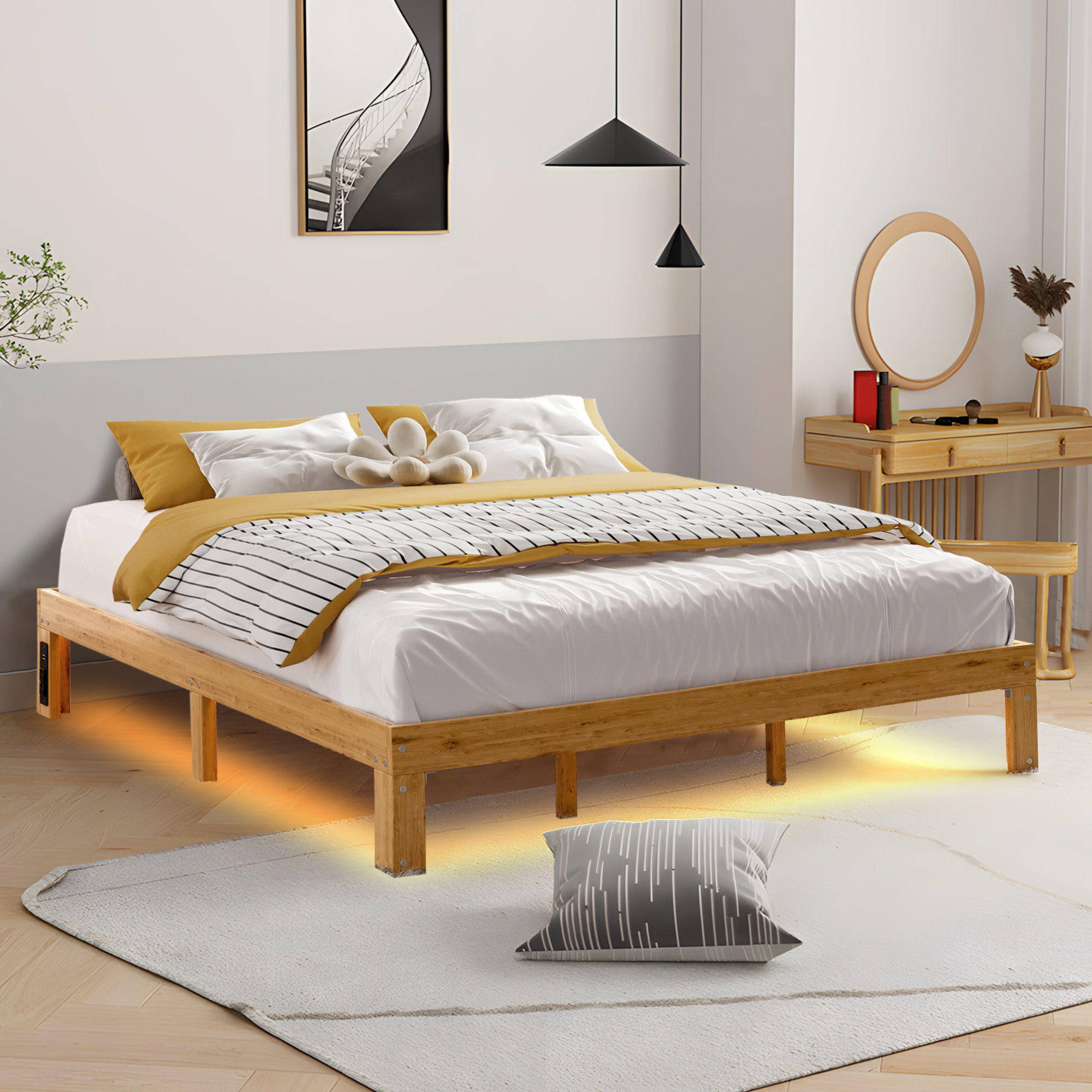 Millwood Pines Queen Size Solid Wood Bed Platform Bed Frame Without ...