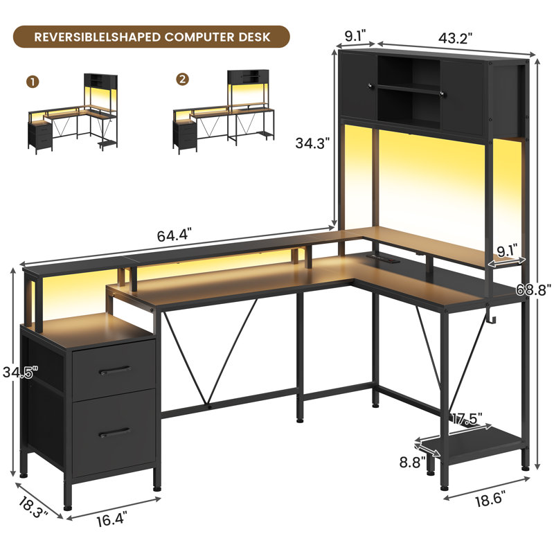 17 Stories L-Shaped Computer Desk With Shelf & 2 Drawers Led Light ...
