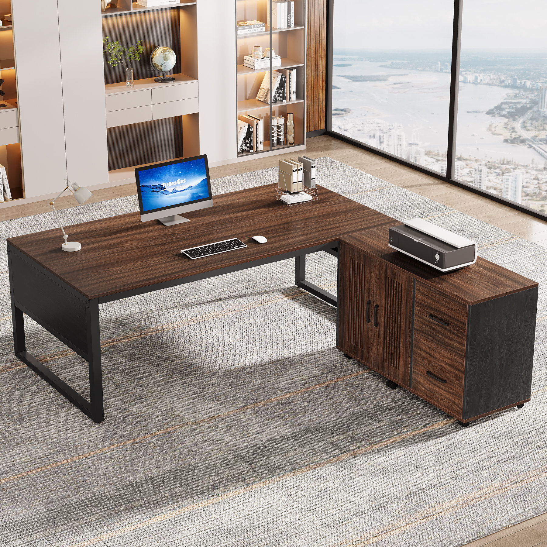 Millwood Pines Ethelwyn 63" L-Shaped Executive Desk & Filing Cabinet ...