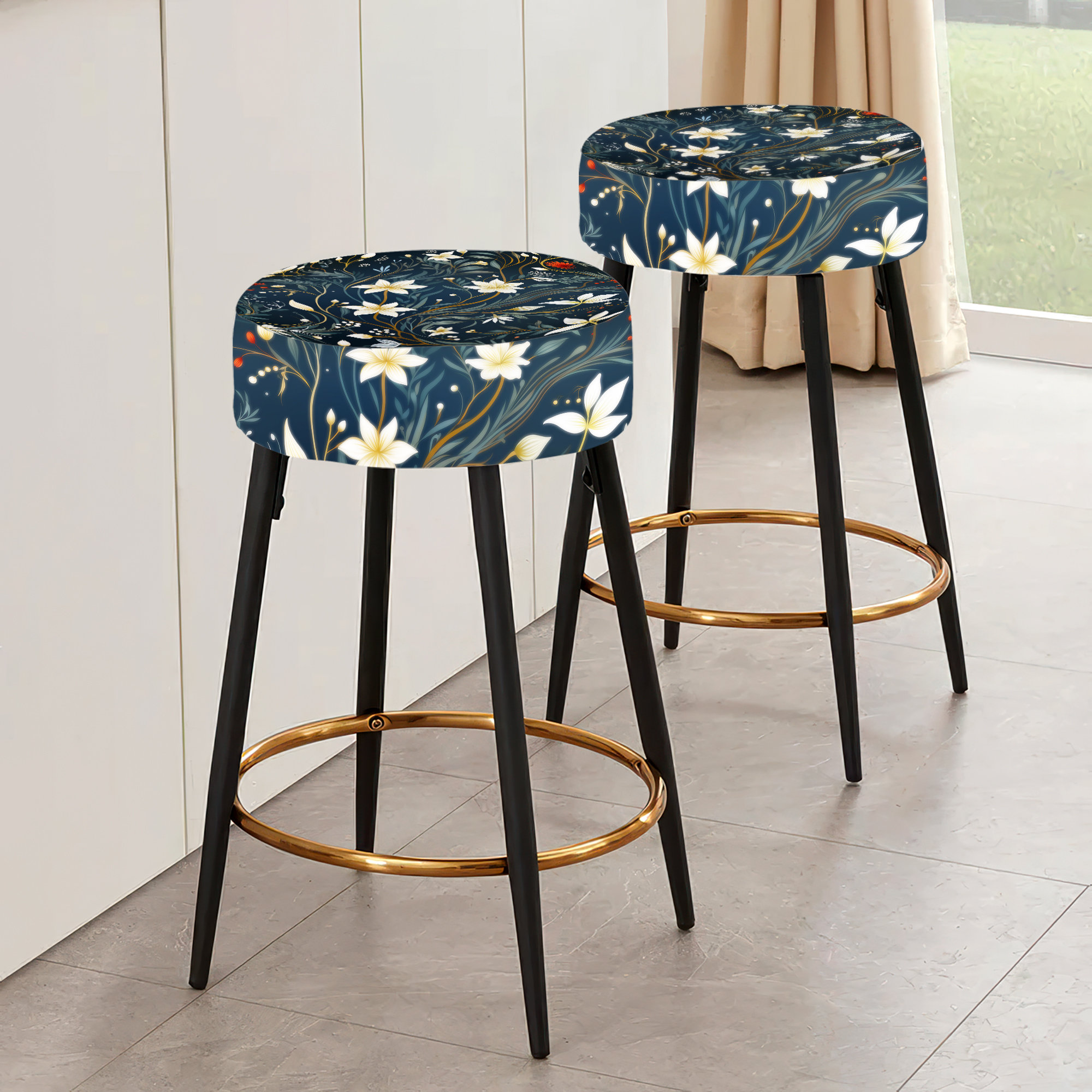 Design Art White And Green Tranquil Flowers Zen - Botanical Bar Stools Set Of 2 | Wayfair
