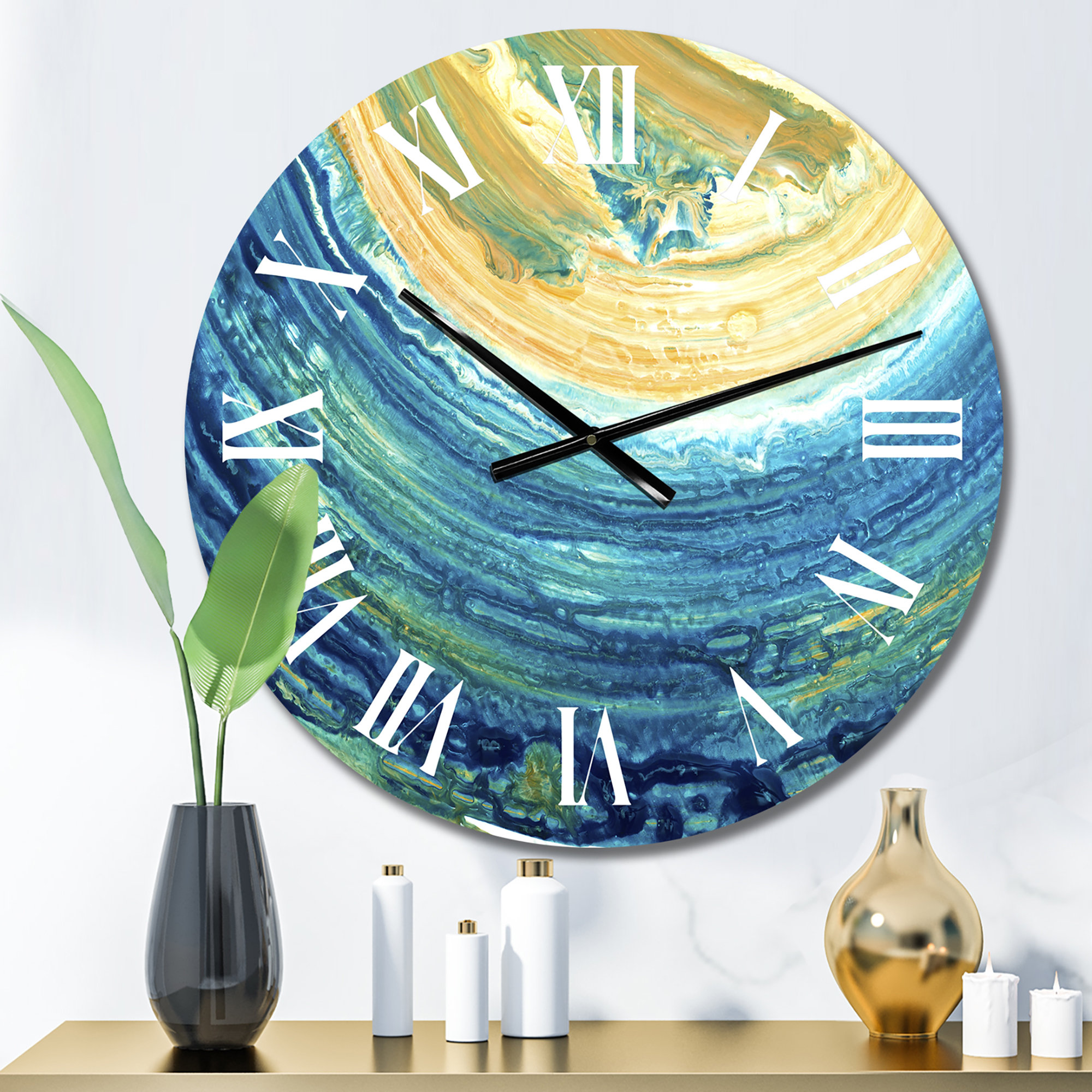 East Urban Home Blue And Yellow Brush Waves - Modern Wall Clock ...