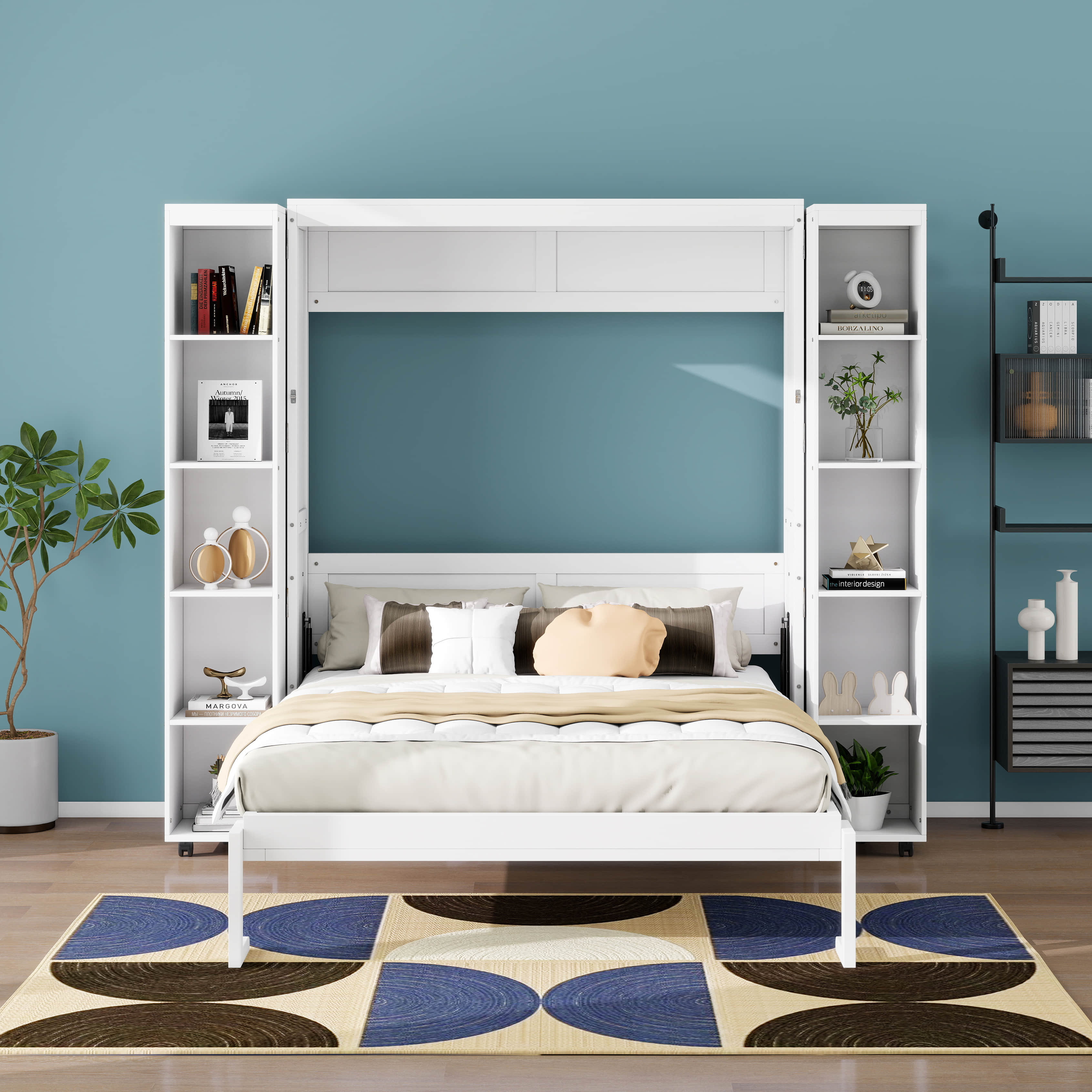Hokku Designs Queen Murphy Bed Cabinet With Storage Shelves, Wood Wall ...