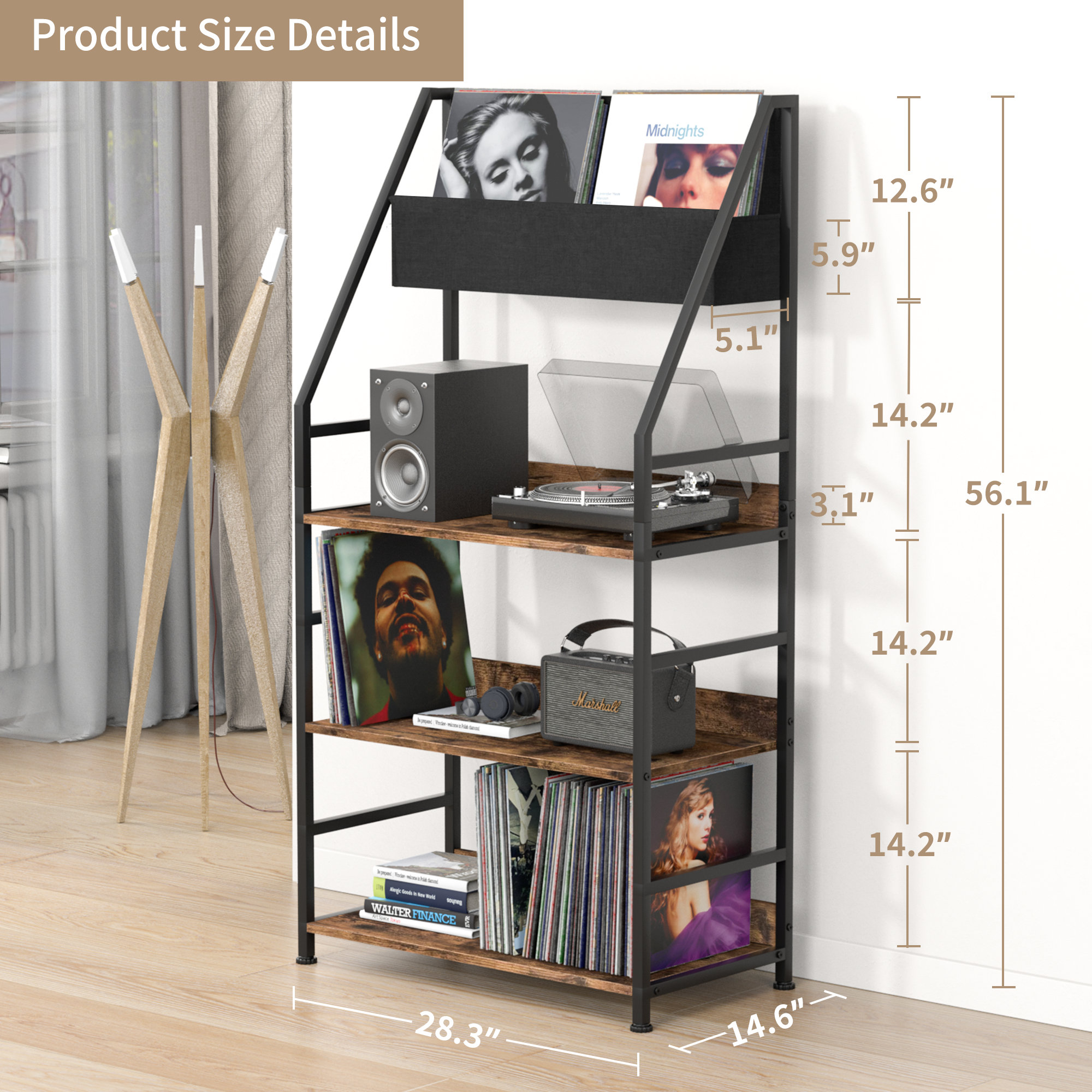 17 Stories Bookshelf Record Player Stand With Vinyl Storage, 3 Tier ...