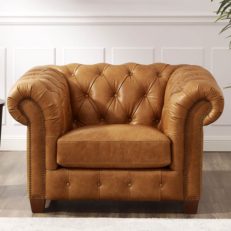 HYDELINE Kingston 49.5'' Wide Tufted Genuine Leather Full Grain Leather ...