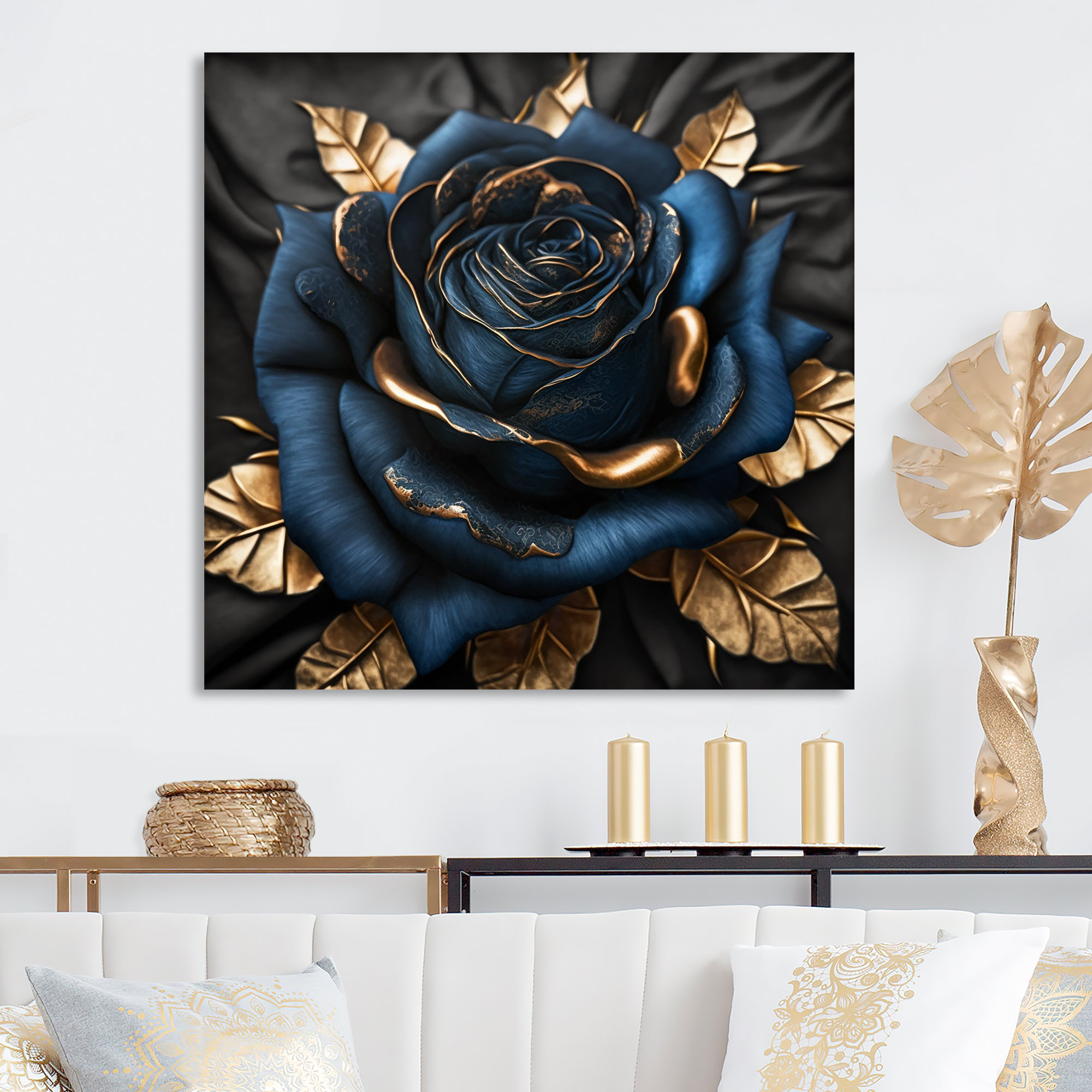 House of Hampton® Gilded Rose In Kings Blue IV - Floral Rose Blue Wood ...