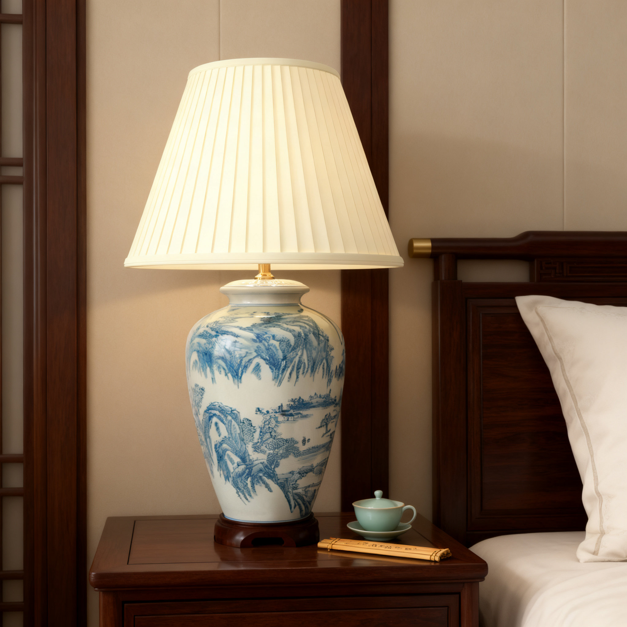 Canora Grey Chinese Blue And White Landscape Table Lamp With Pleated ...