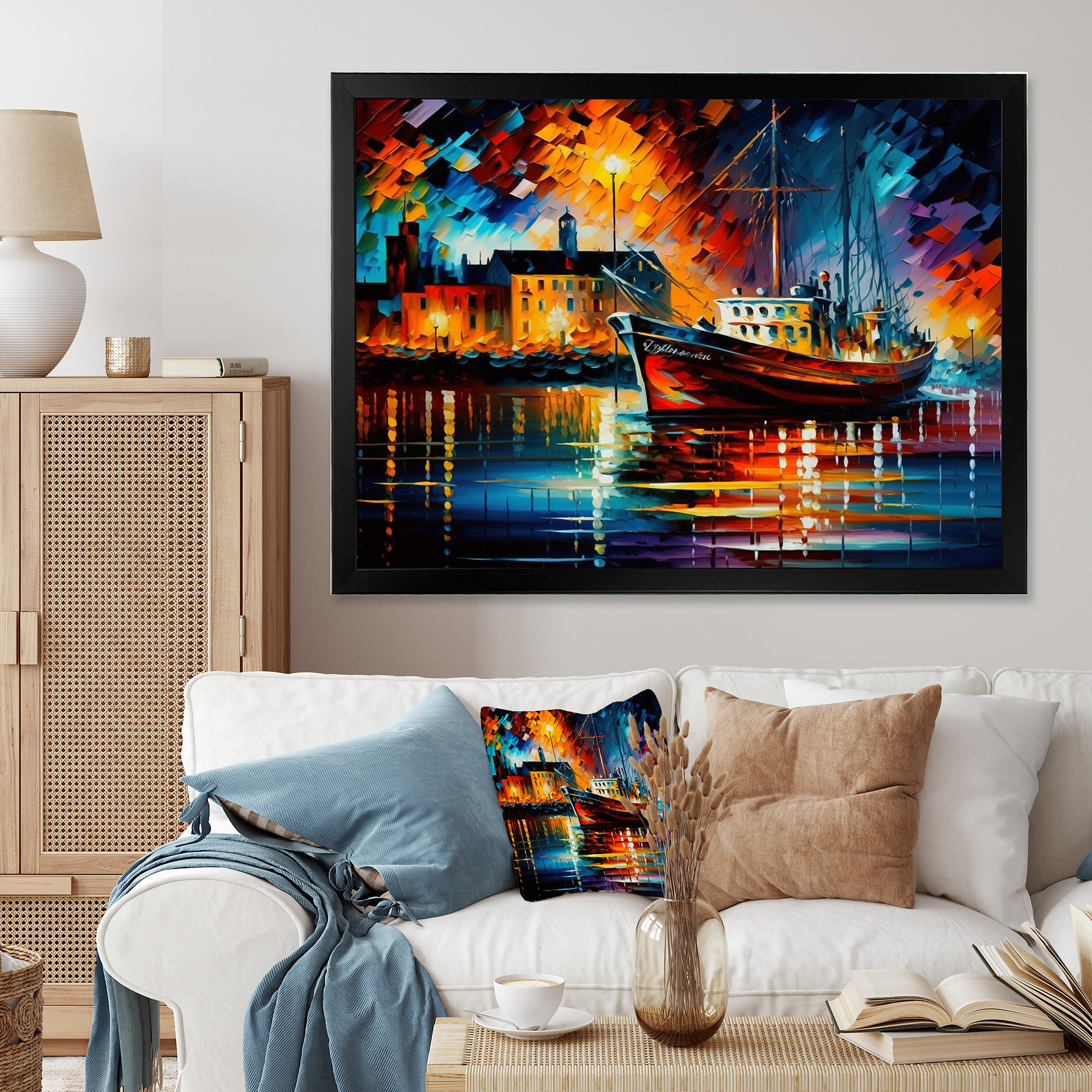 Design Art Colorful Port with Fishing Boat II - Print on Canvas | Wayfair