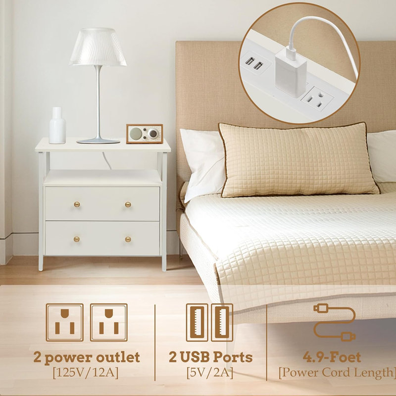 Latitude Run® 27 inch Wide Nightstand with Charging Station,Bedside ...