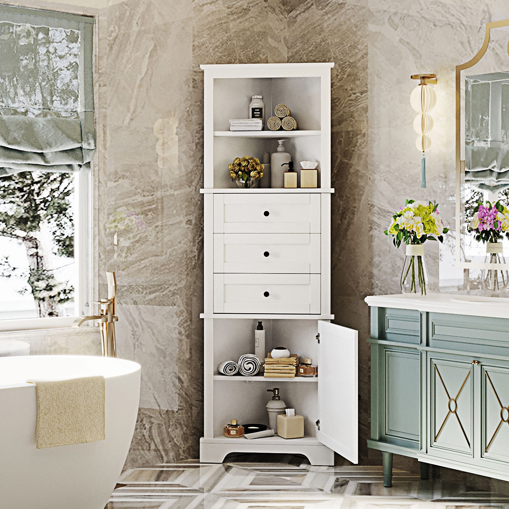 Ebern Designs Triangle Tall Bathroom Cabinet With Drawers And ...