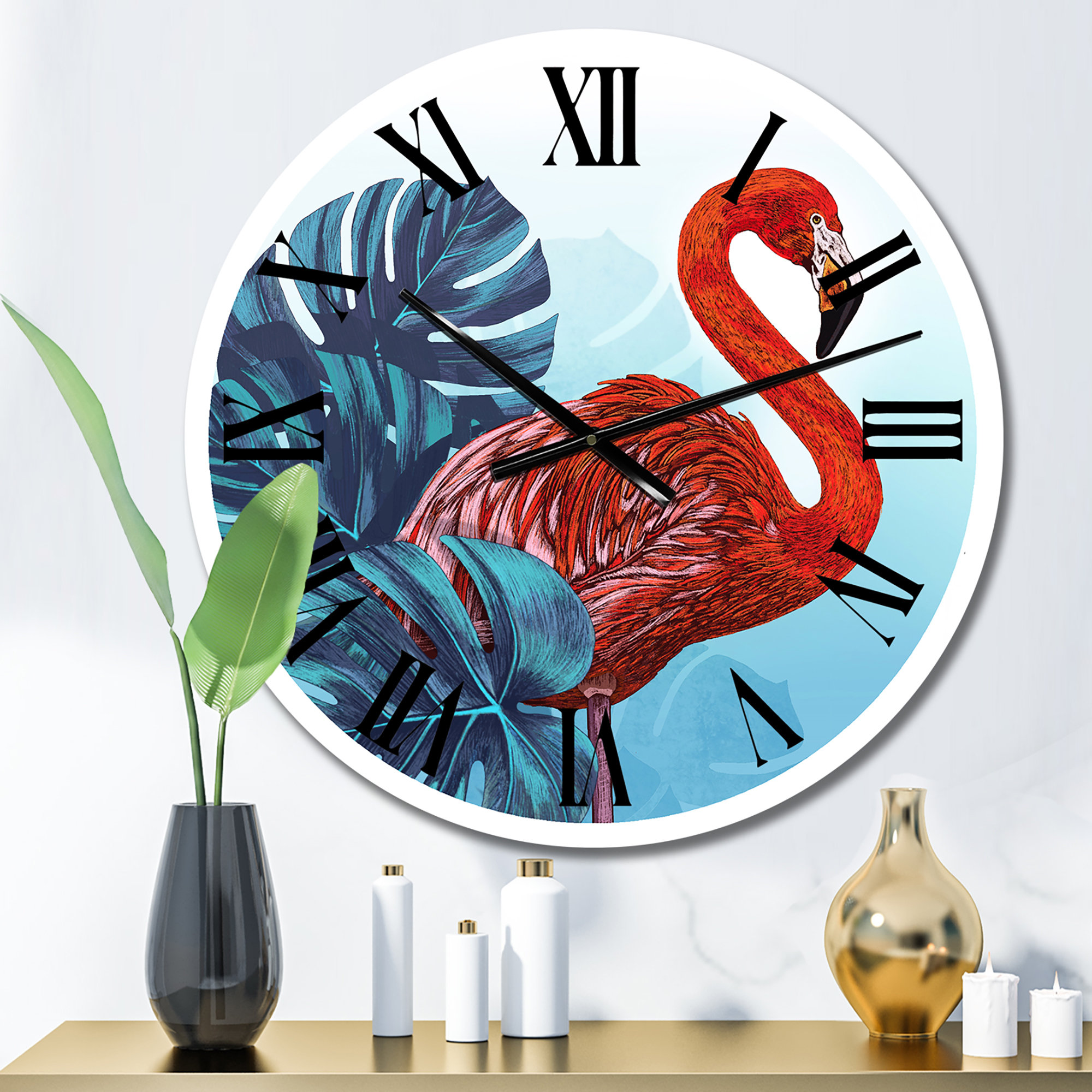 East Urban Home Dark Pink Flamingo with Tropical Leaves on Blue ...
