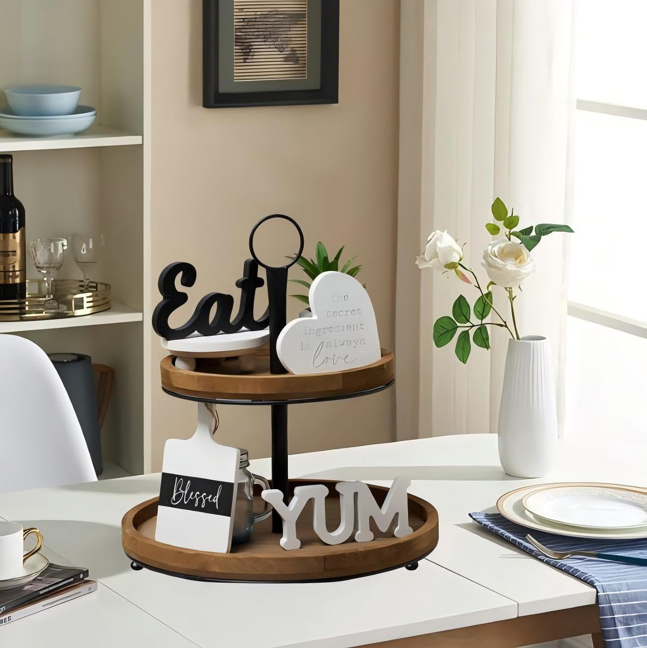 17 Stories Farmhouse Tiered Tray Decor With Distressed Wood Bead ...