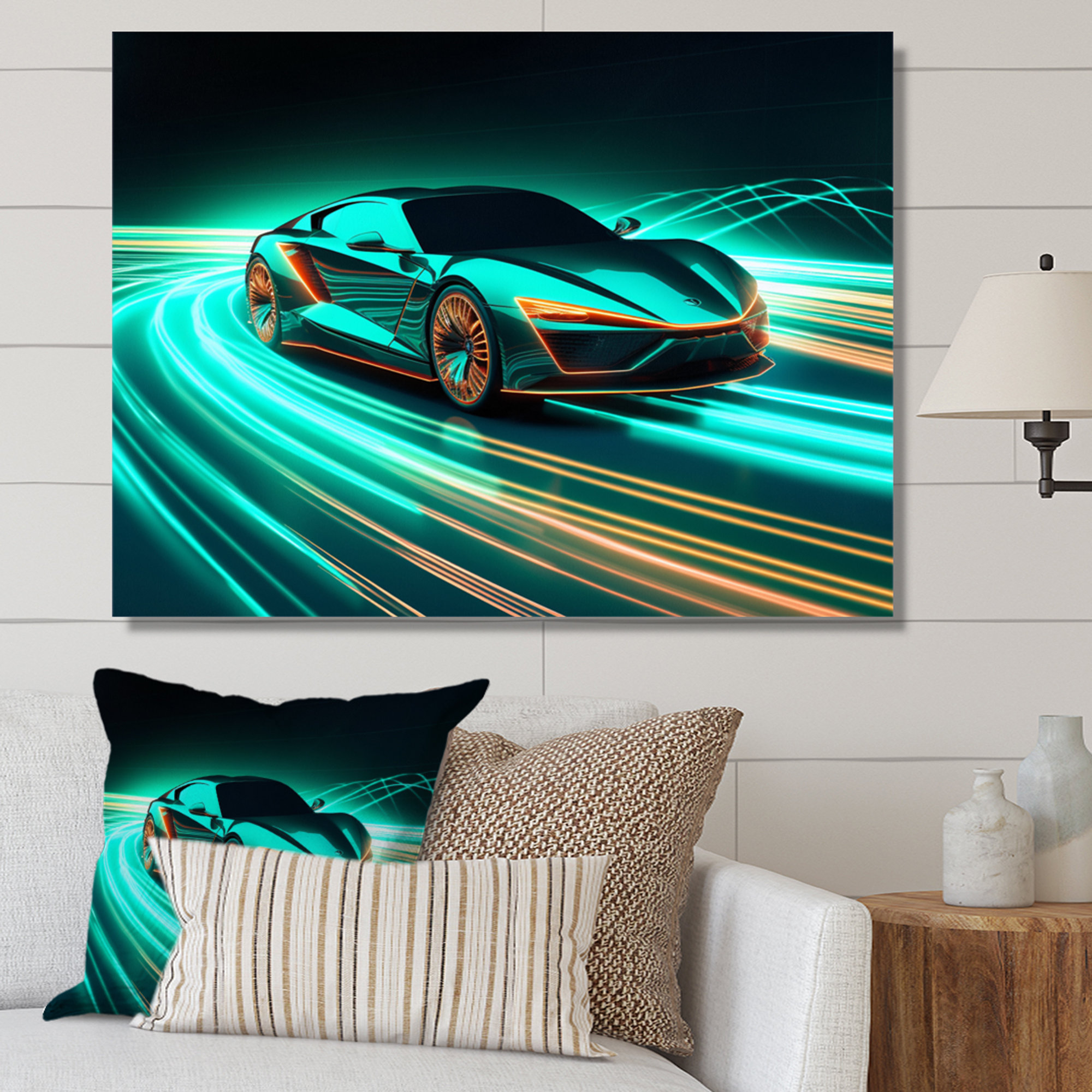 Brayden Studio Teal Neon Exotic Car I - Neon Car Canvas Wall Art ...
