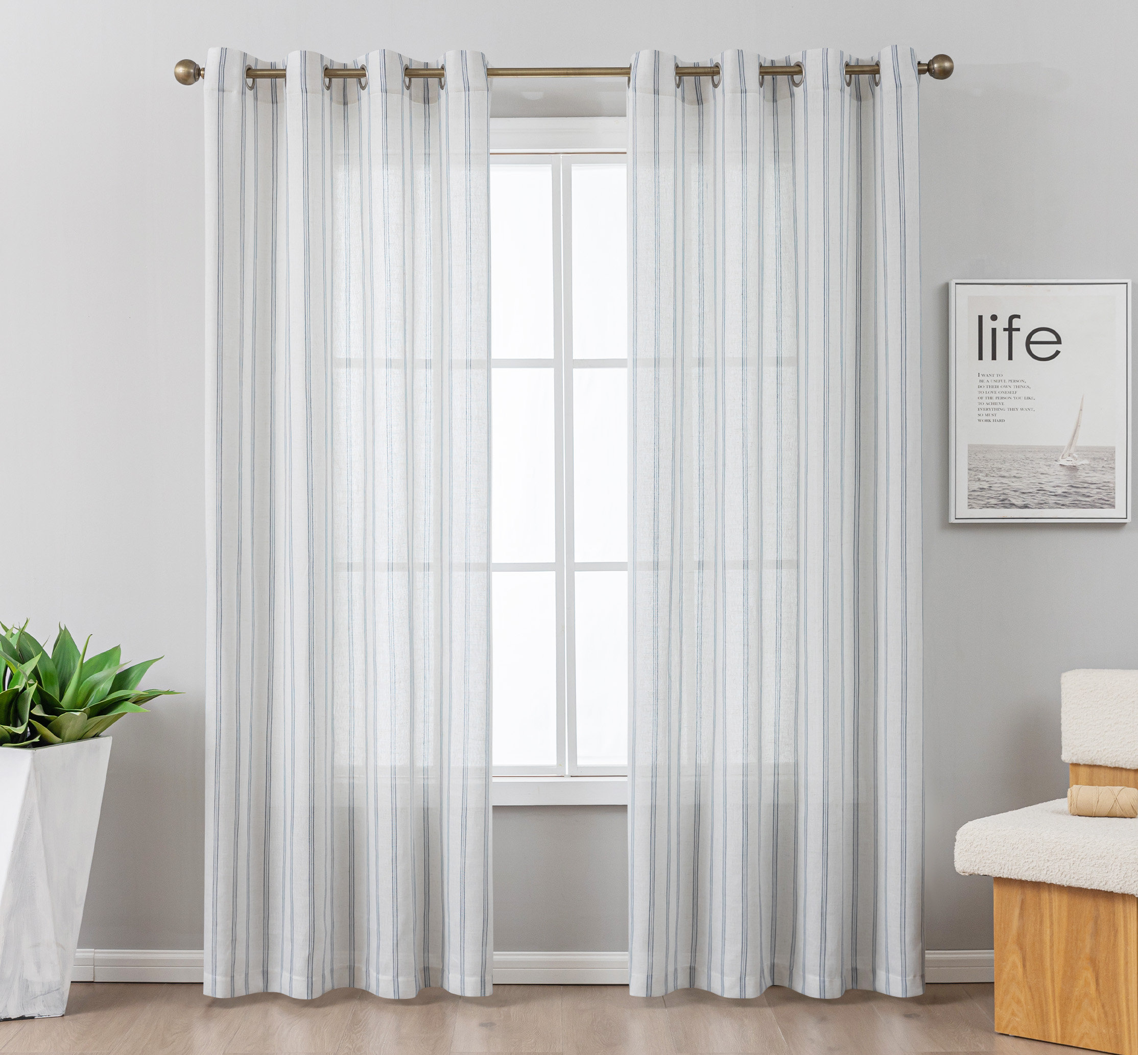 Gracie Oaks Boho Vertical Striped Linen Textured Semi-Sheer Grommet ...