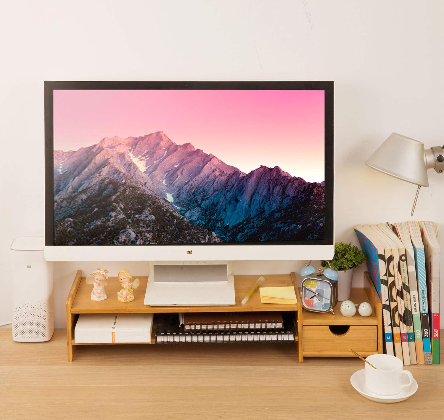 Inbox Zero Metayer Monitor Stand Riser Desk Organizer Bamboo 2 Tier ...