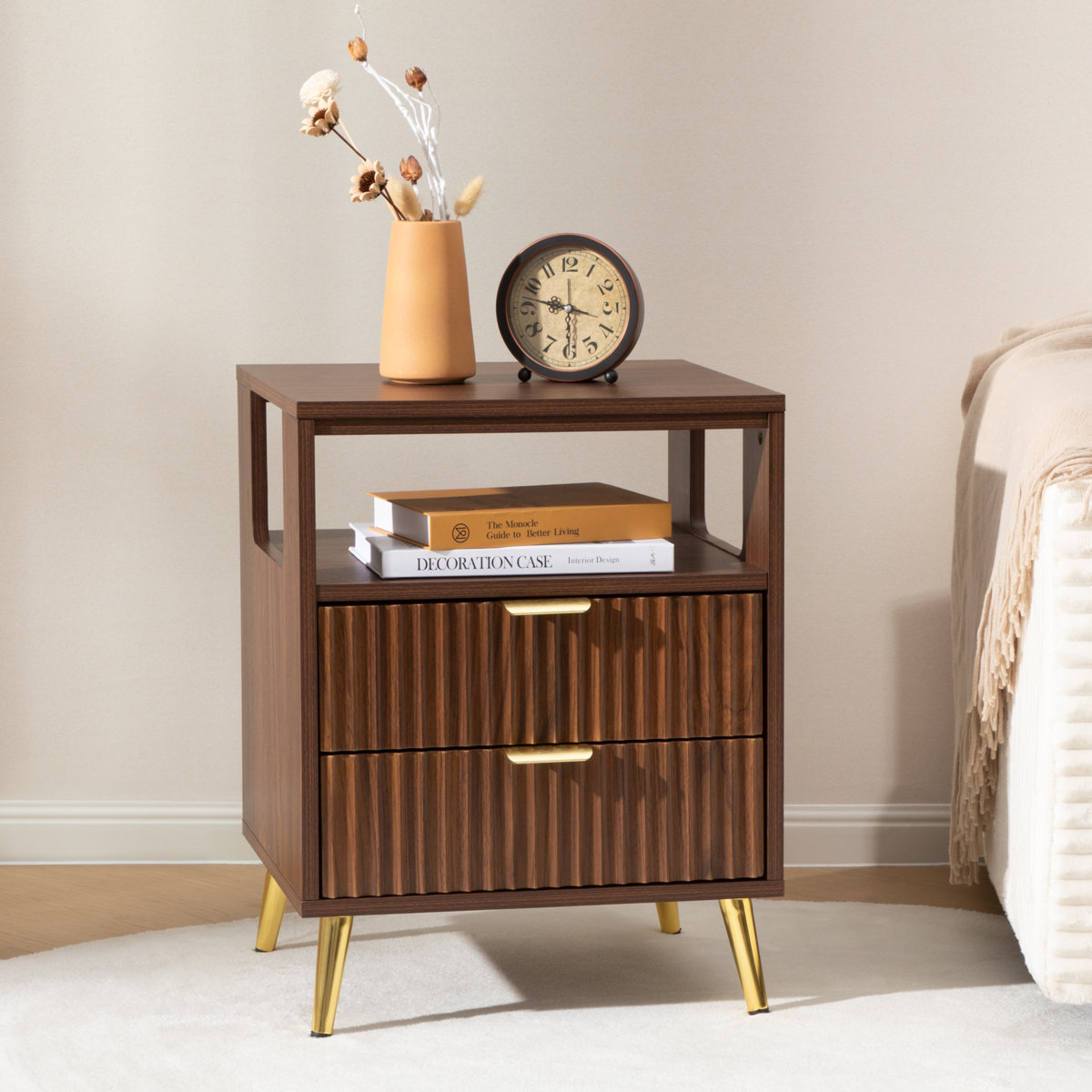Mercer41 Mid-Century Modern 2-Drawer 23" Tall Nightstand with Open ...