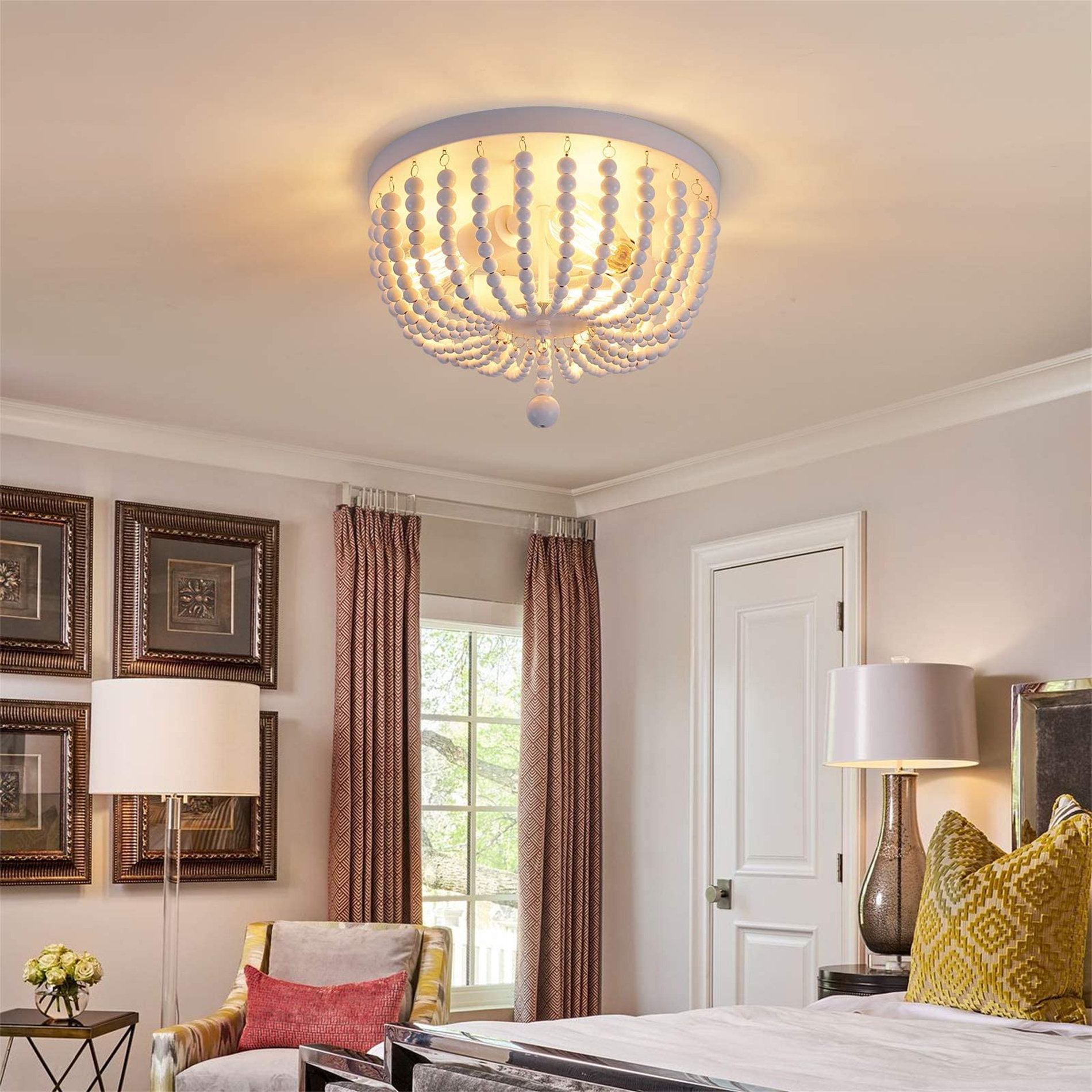 Dakota Fields 3-Light Flush Mount Wooden Beaded Light Fixture White ...