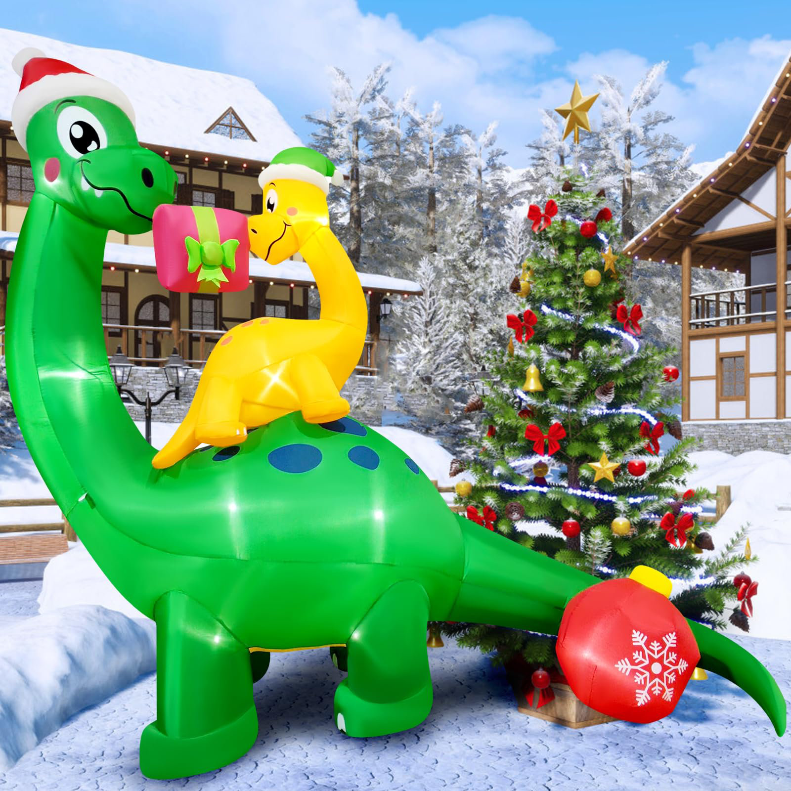 The Holiday Aisle® 9 Ft Christmas Inflatables Green Dinosaur With Gift ...