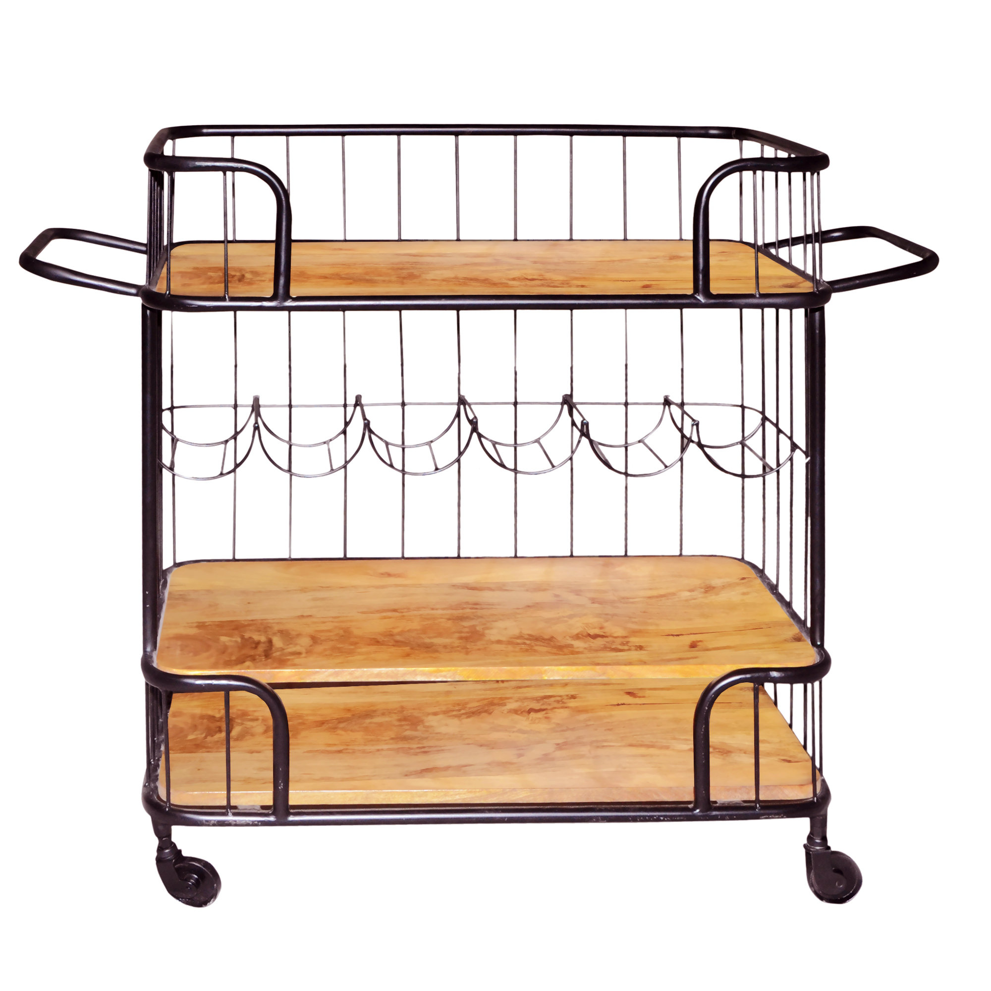 17 Stories Metal Frame Bar Cart With Wooden Top And 2 Shelves | Wayfair