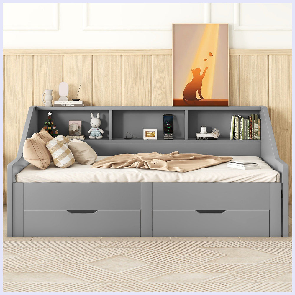 Lark Manor Modern Daybed Frame with Storage Bookcases and Two Drawers ...