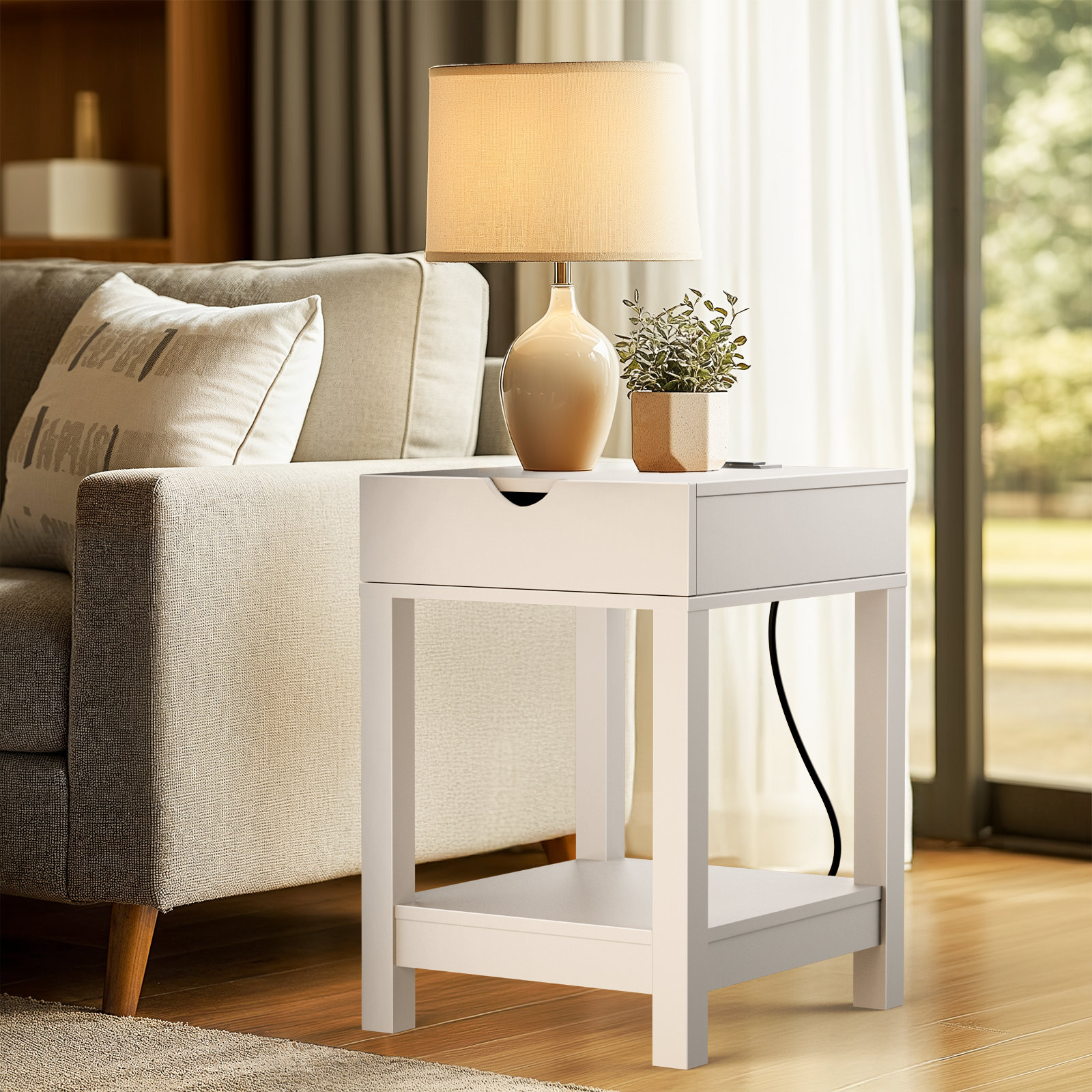 Ebern Designs End Table with Storage and Built-In Outlets, Small Side ...