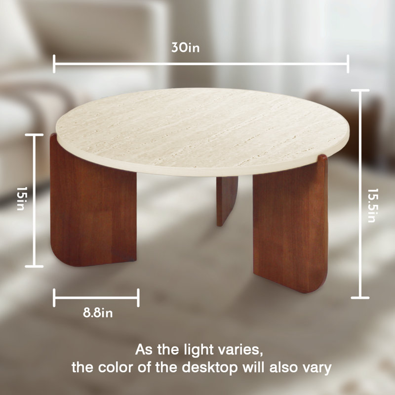 Ivy Bronx Elegant Round Travertine Texture Coffee Table – 30” Stone ...