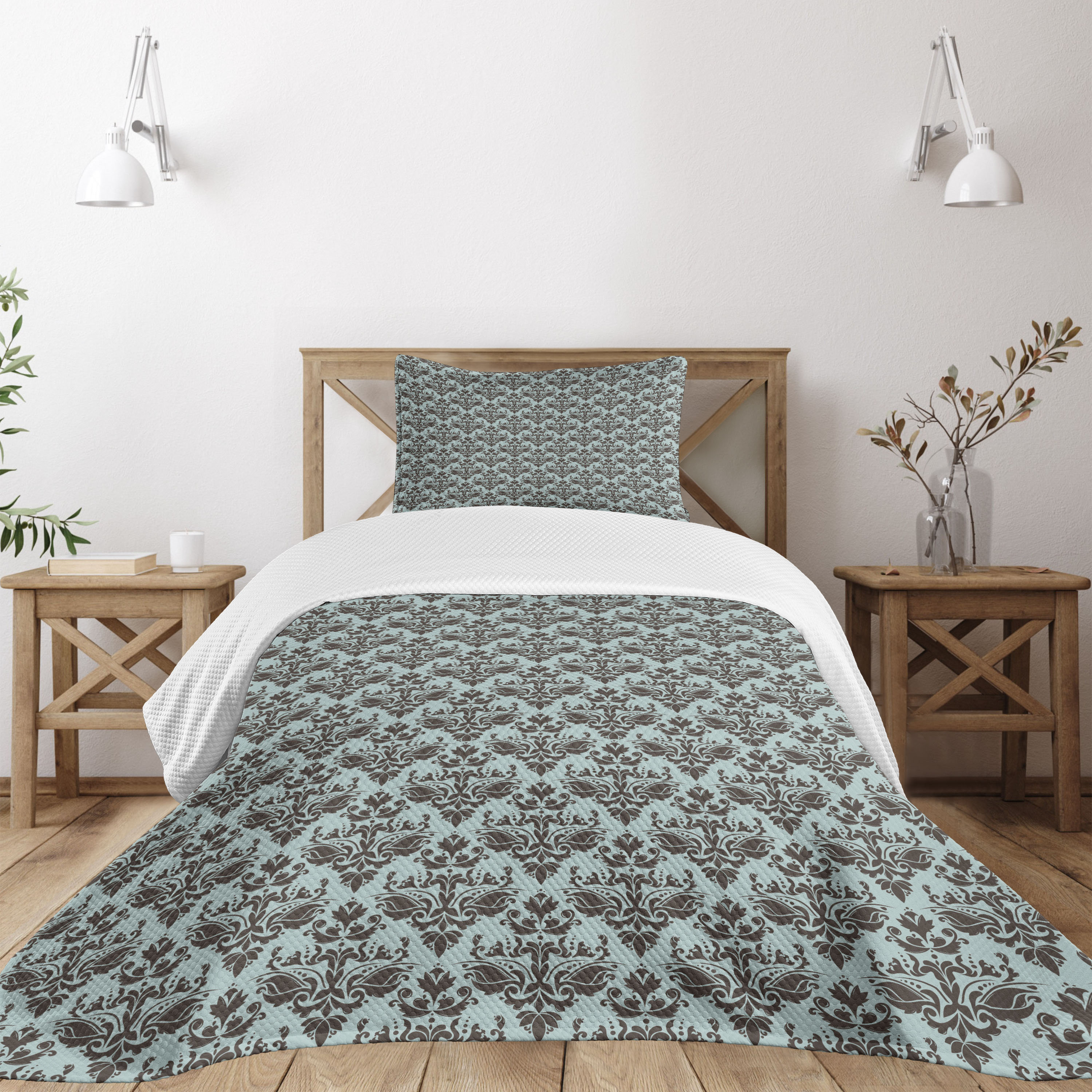 Ambesonne Damask Bedspread Set Damask Shapes Motif Teal Brown | Wayfair