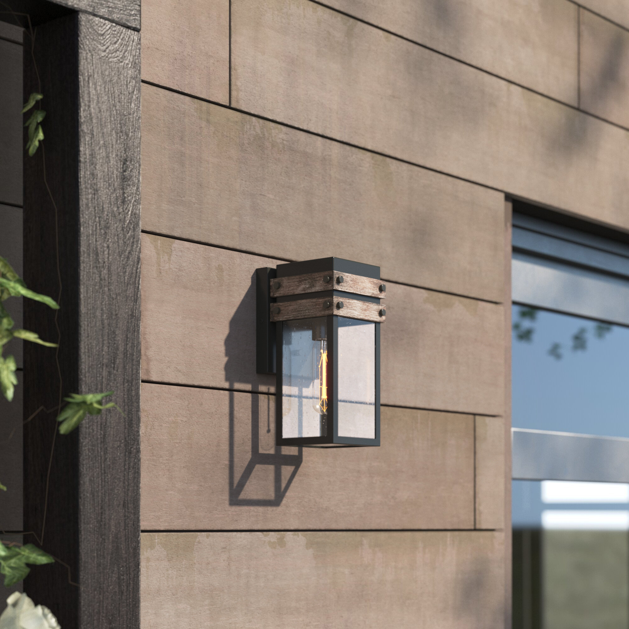 Trent Austin Design® Aliya Black/Wood Seeded Glass Outdoor Wall Lantern ...