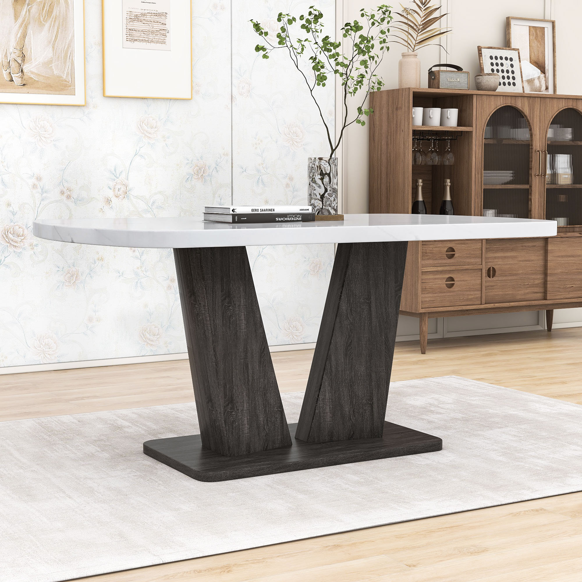 Ivy Bronx Classic Wood Dining Table with V-Shaped Base for Dining Room ...