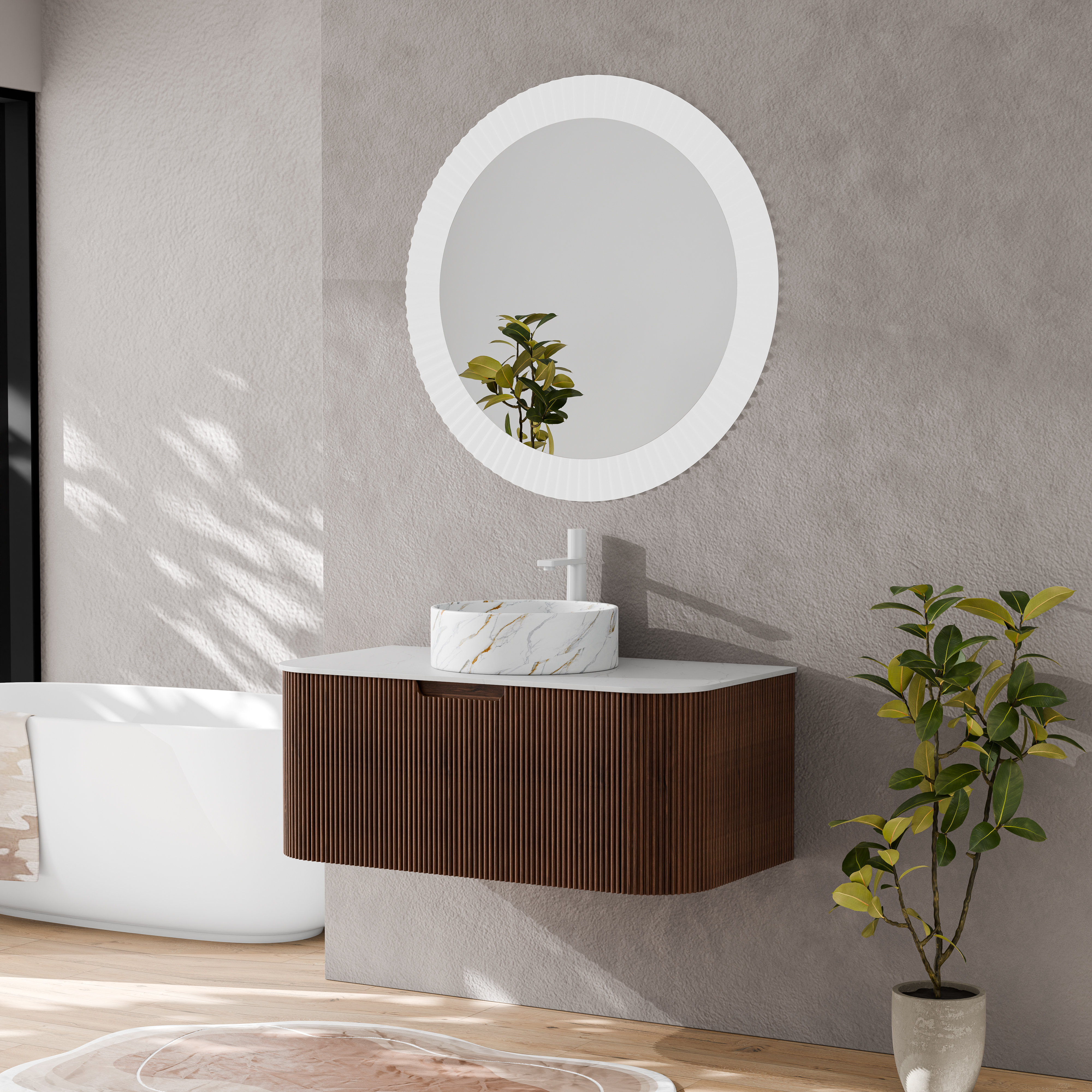 Latitude Run® Echoe 36" Wall Mounted Natural Wood Curved Edges Striped ...