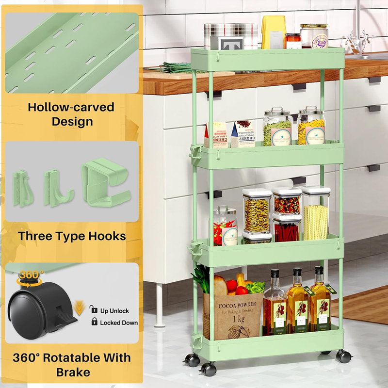 17 Stories Slim Rolling Storage Cart 4 Tier Bathroom Organizer ...