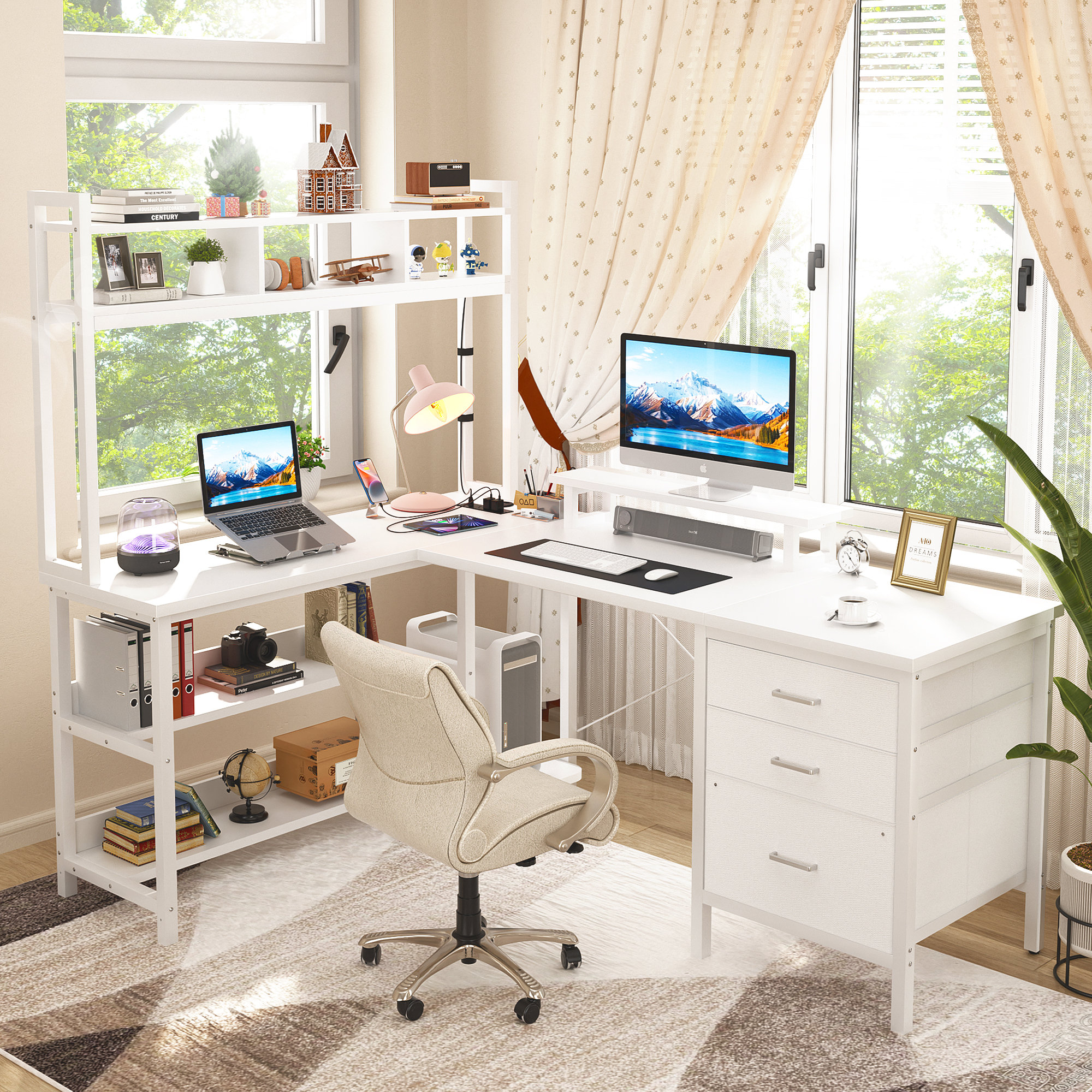 17 Stories Shelburne 58.7'' W L-Shaped Computer Desk with Tall Hutch ...