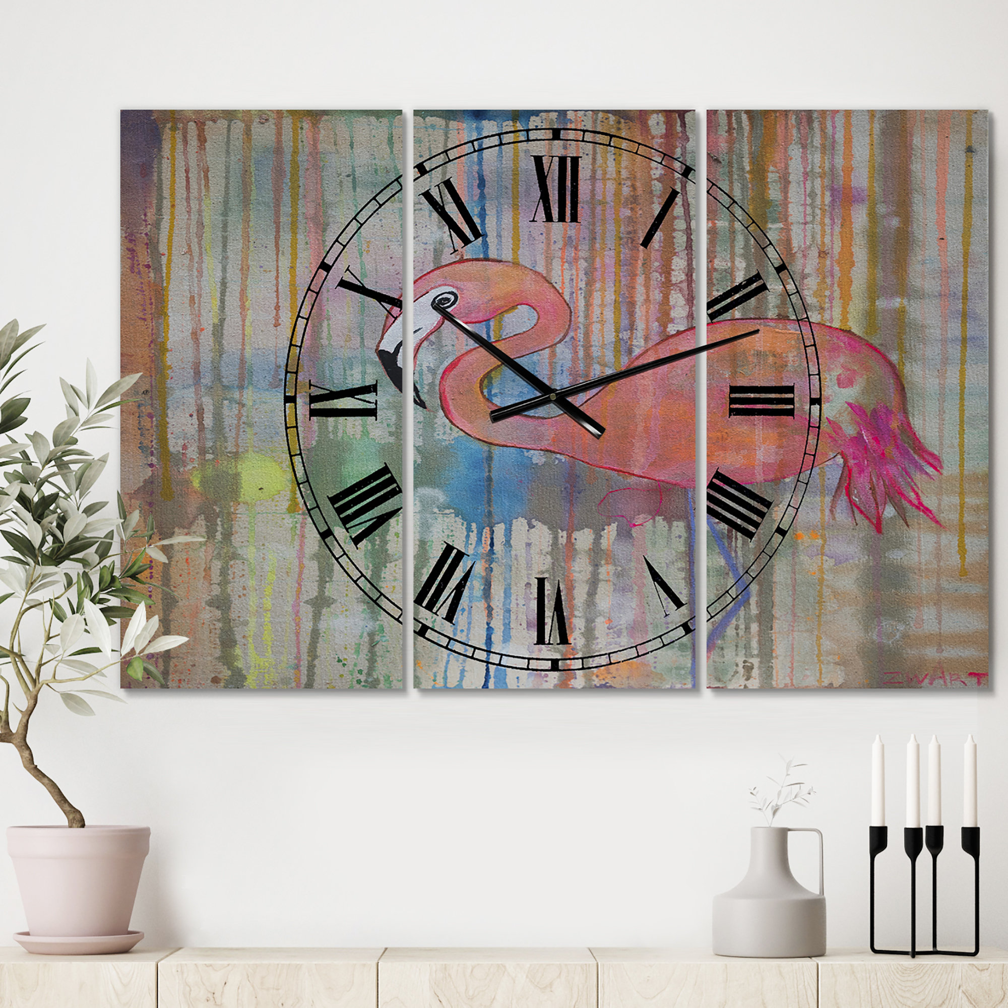 East Urban Home Flamingo I - Large Cottage 3 Panels Wall Clock | Wayfair