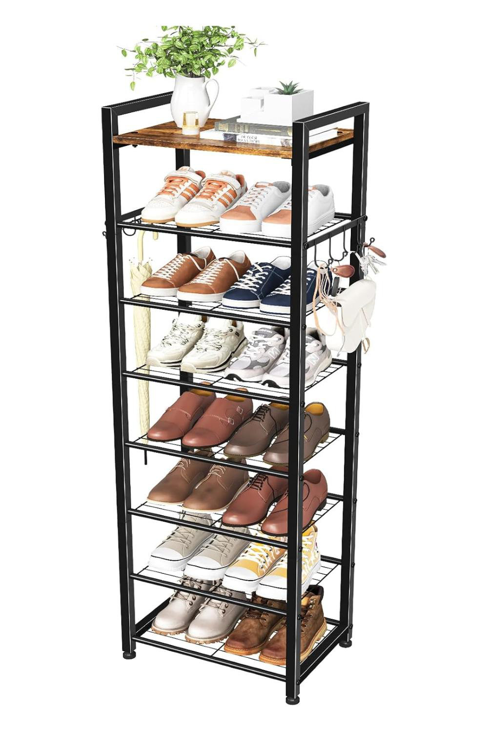 Rebrilliant 8 Tiers Shoe Rack 16 Pairs Tall Wooden Plank Shoe Shelf ...
