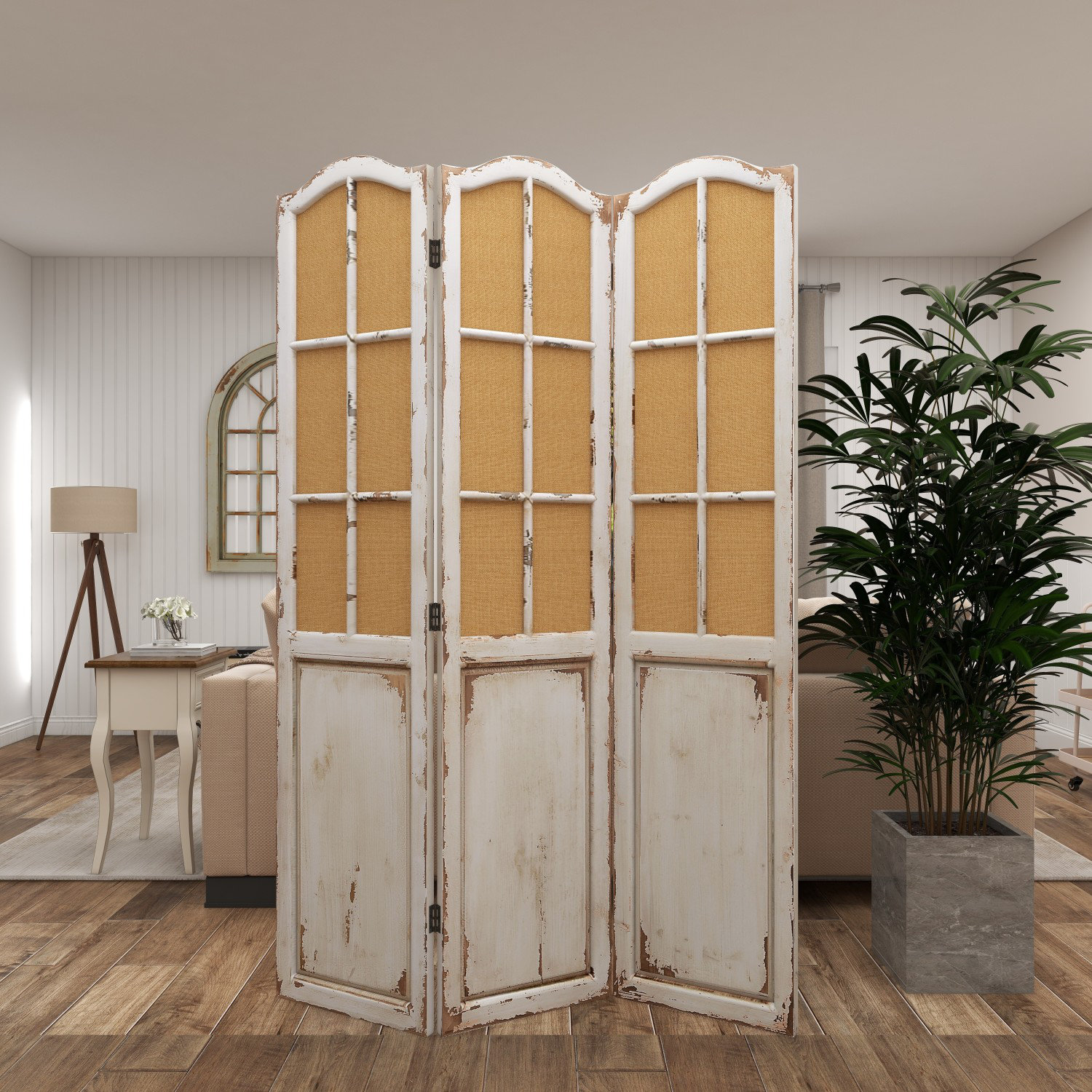 One Allium Way Bigham Beige Wood Hinged Foldable Partition 3 Panel Room ...
