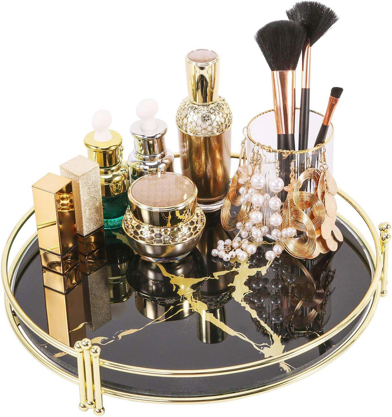 Everly Quinn Makeup Organizer Tray, Decorative Glass Vanity Tray, Round ...