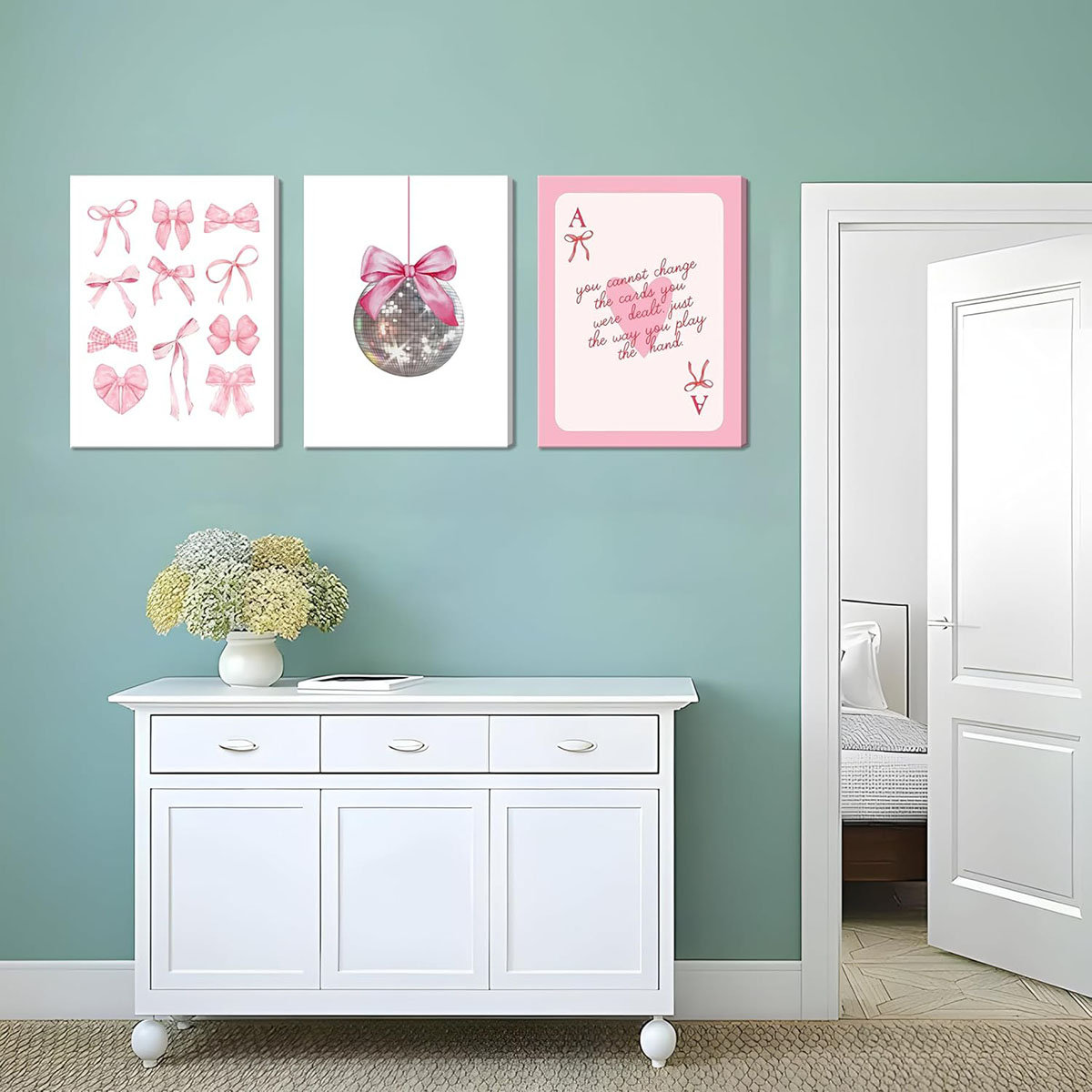 Zoomie Kids Pink Bow Canvas Wall Art Set Of 3 - Coquette Disco Ball ...