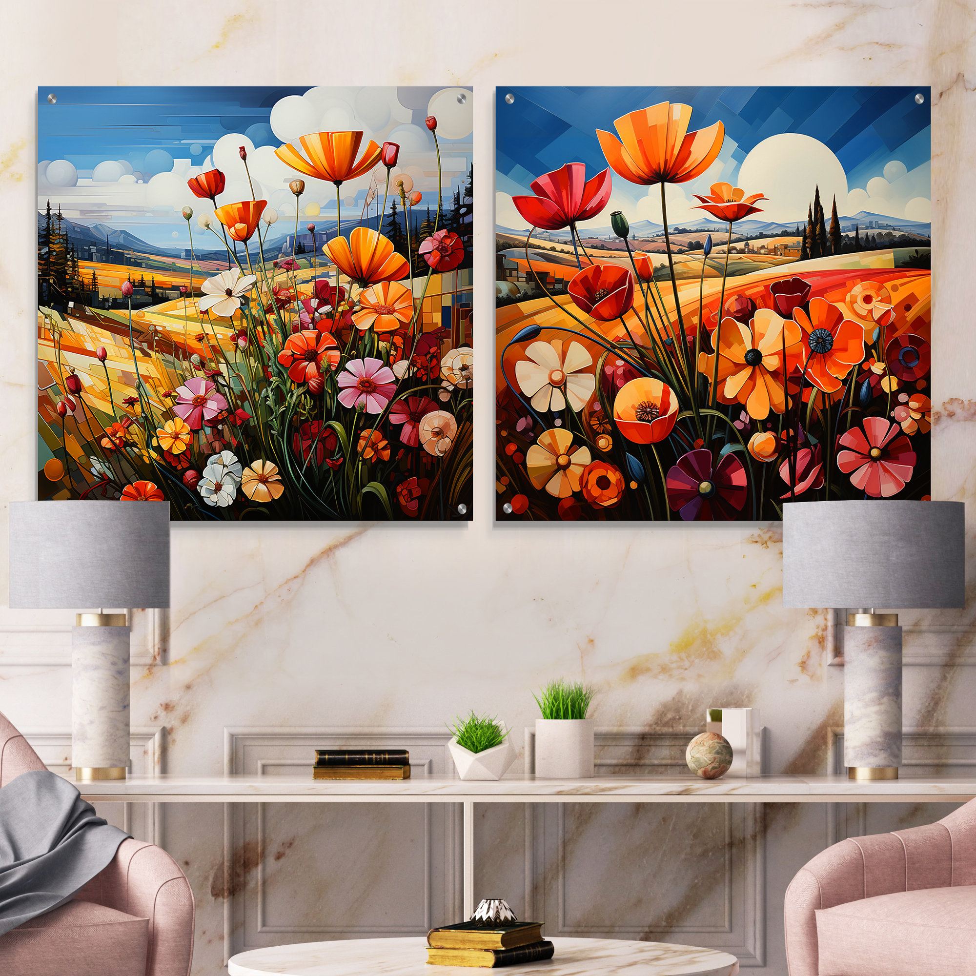 Design Art Abstract Blooms Harmony Field - Meadow Acrylic Wall Art Glass Set Of 2 - Wayfair Canada