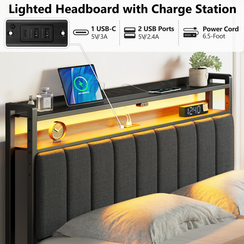 Wrought Studio™ Iolana Upholstered Bed with Headboard, Detachable Shoe ...