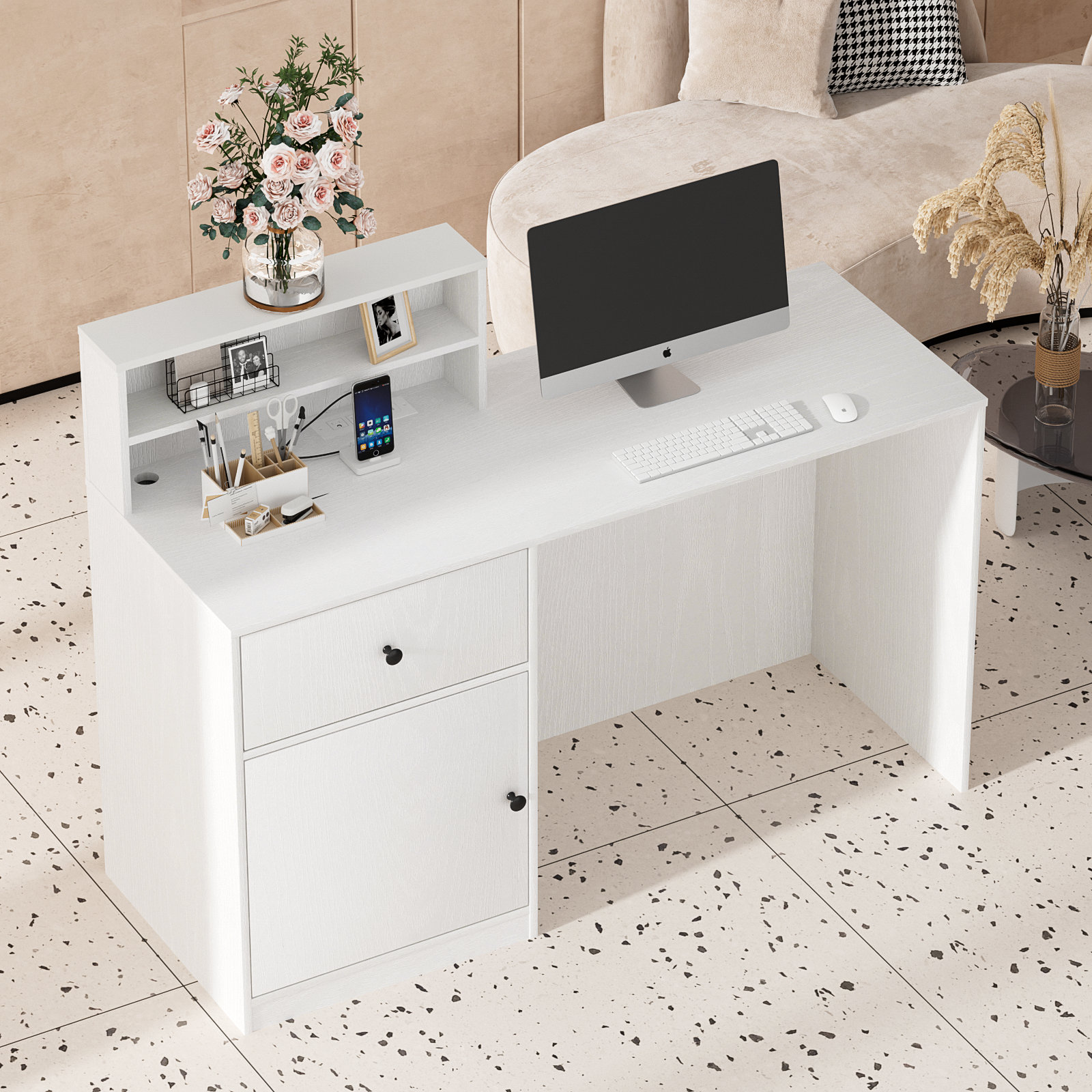 Ebern Designs Front Bevel Reception Desk With Filing Cabinet Power ...